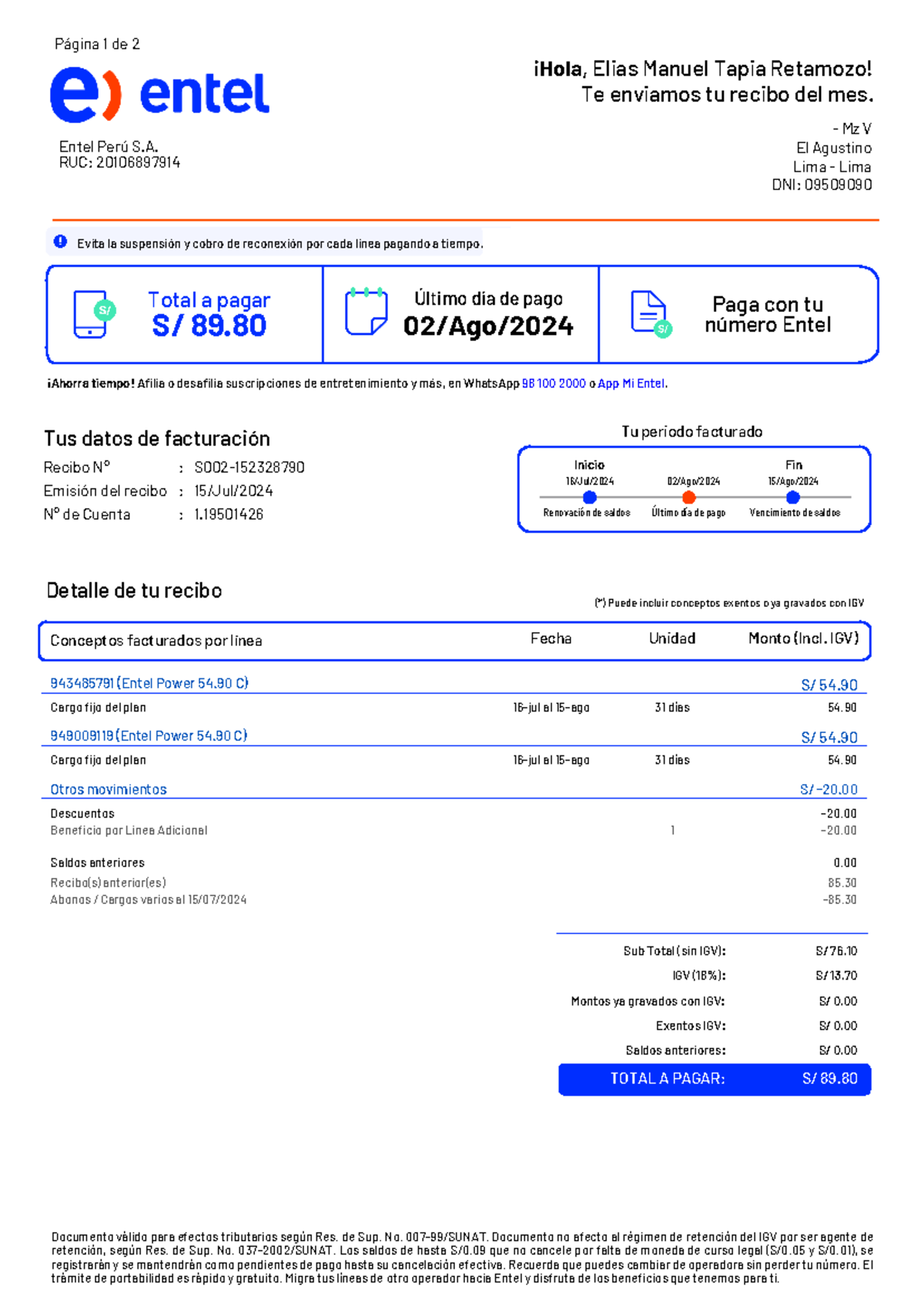 Boleta - Gaaa - Página 1 de 2 Entel Perú S. RUC: 20106897914 Request ID ...