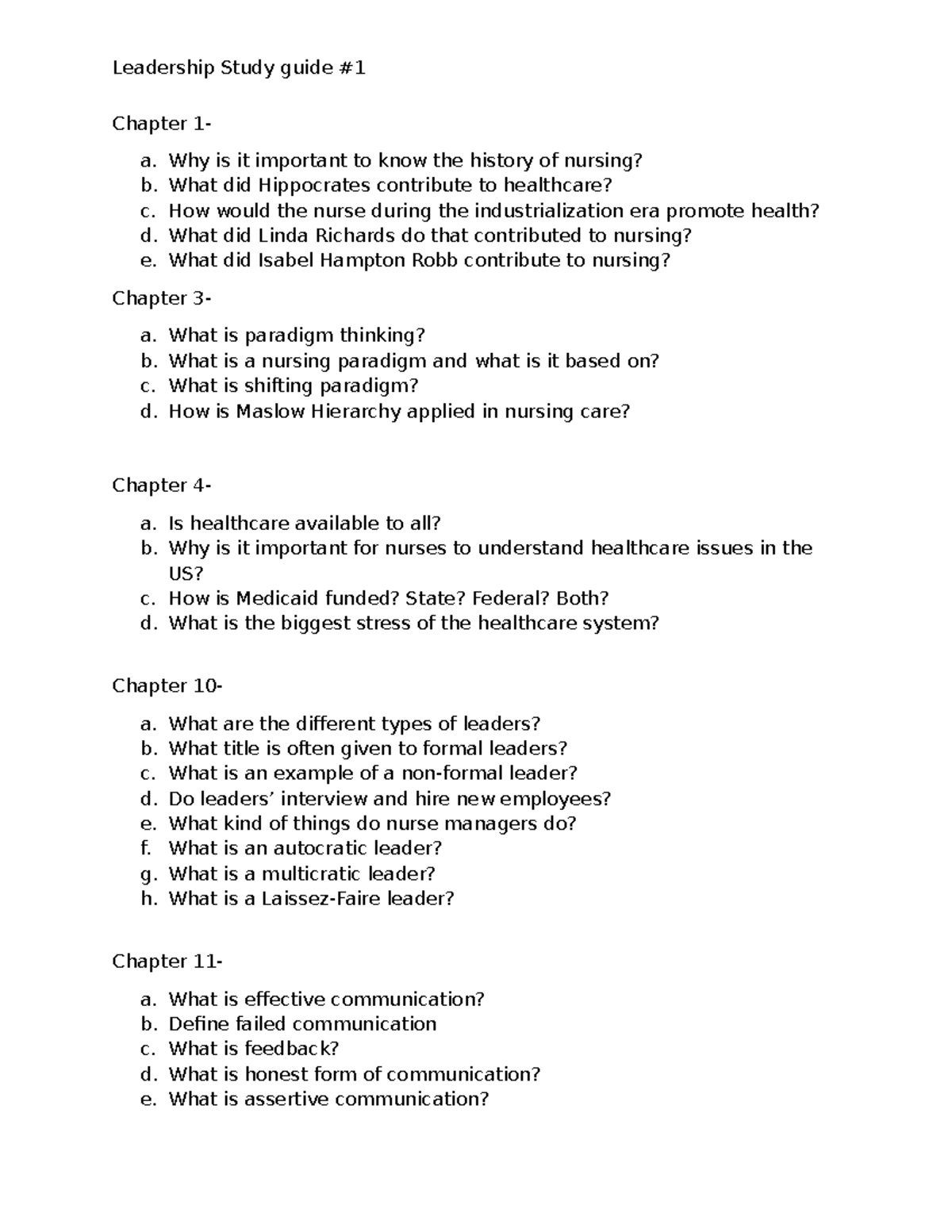 Leadership Study Guide #1: Key Concepts in Nursing History and ...