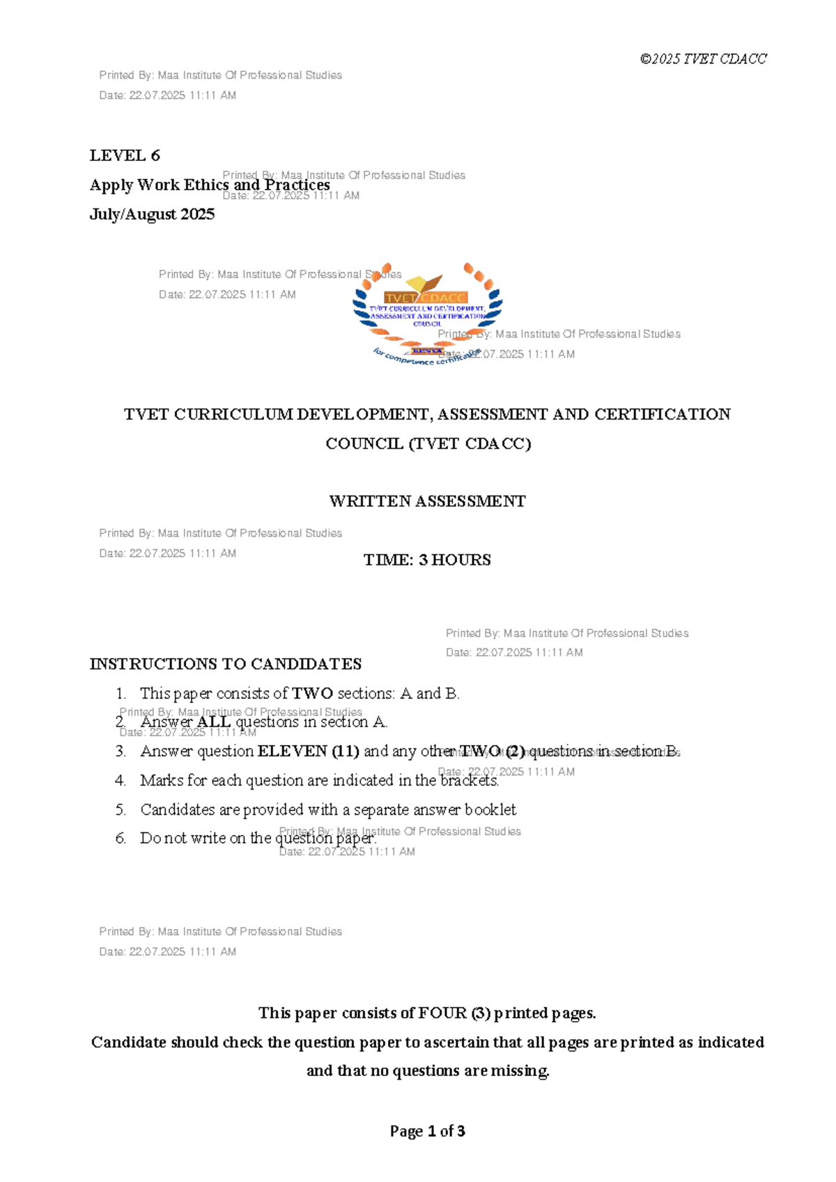 TVET CDACC Level 6 Written Assessment: Work Ethics & Practices - Studocu