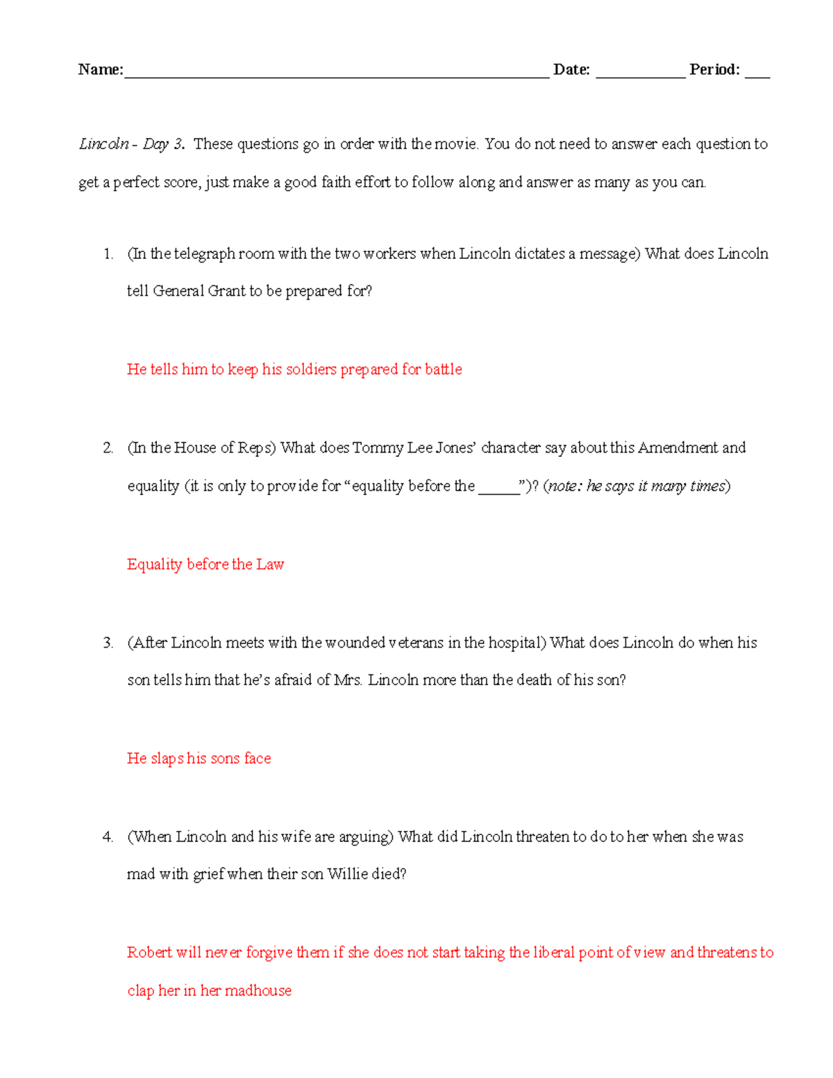 Lincoln Day 3 & 4 Movie Guide Questions and Answers - Studocu