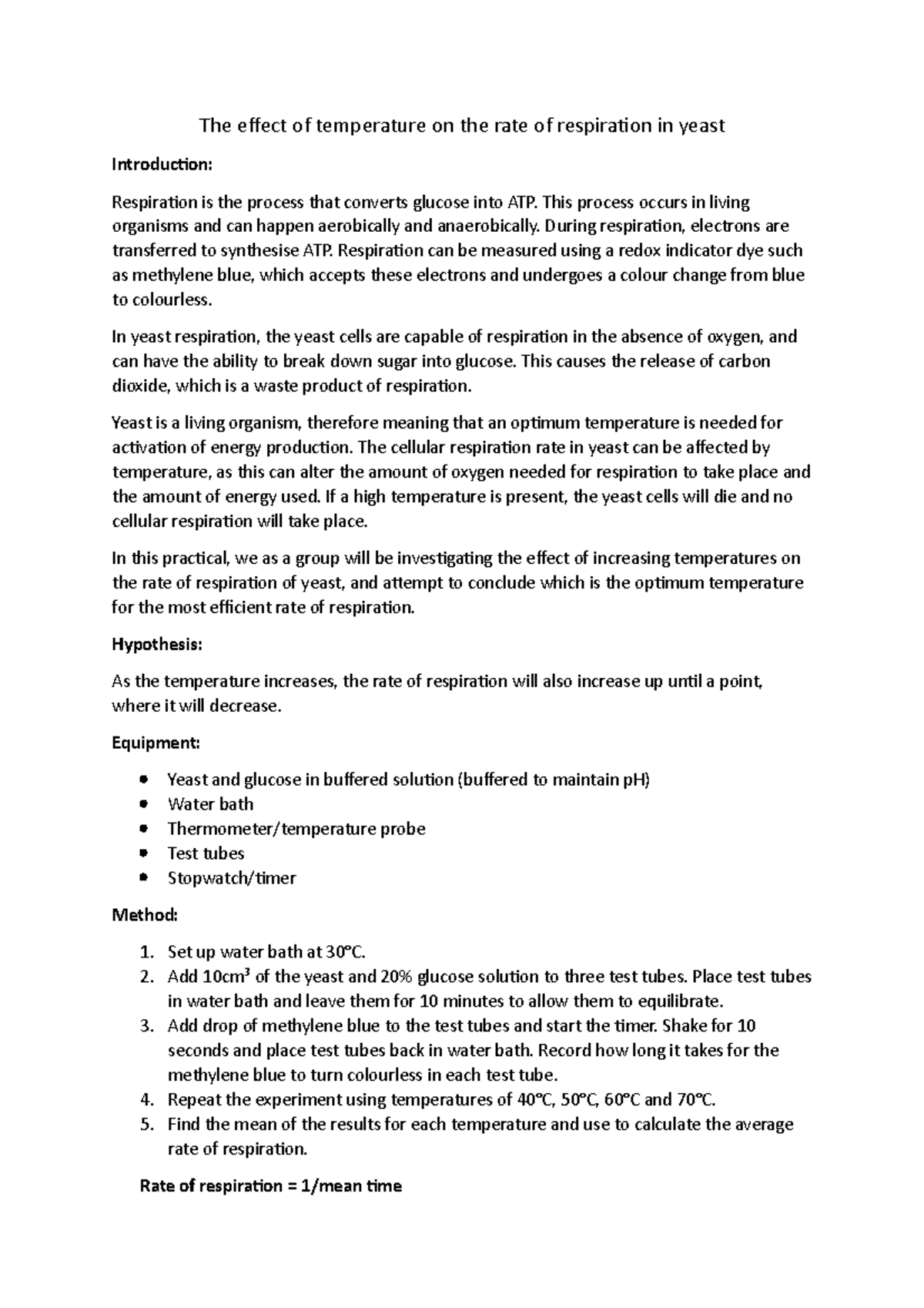 Effects of Temperature on Yeast Respiration Rate: Experiment & Results ...