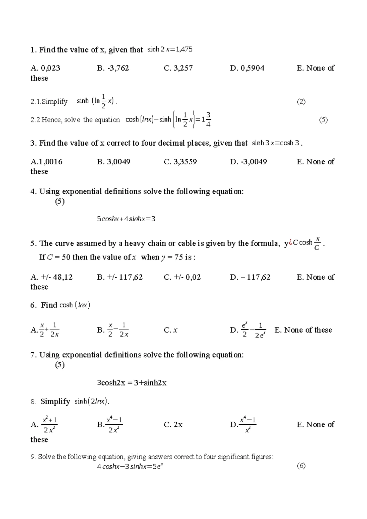 Hyperbolic Functions - EMTA 101 Notes and Evaluations - Studocu