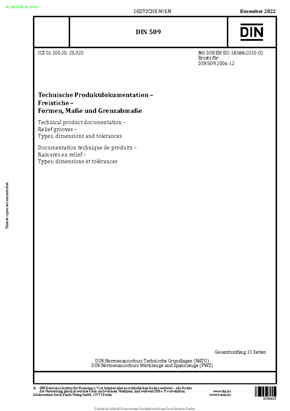 DIN 509:2022 Technische Produktdokumentation zu Freistischen und ...