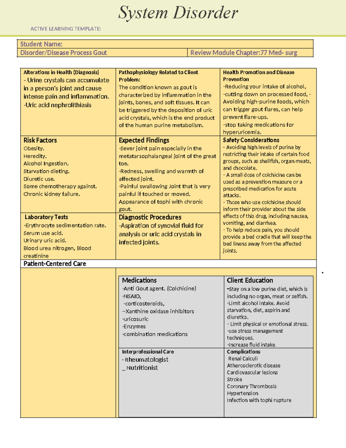 Gout - system Disorder templates - Alterations in Health (Diagnosis ...