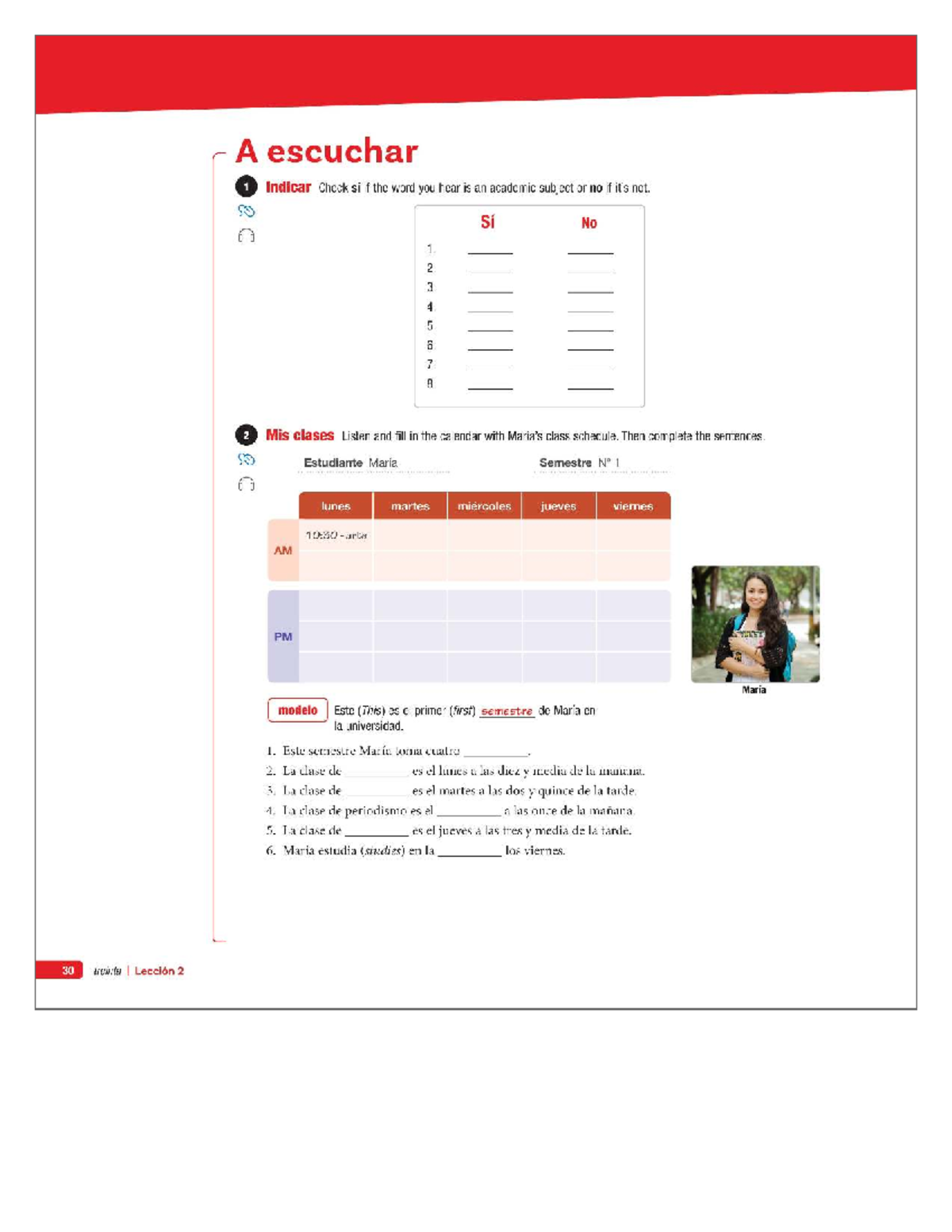 A escuchar 1: Actividades de Clase y Horario - Lección 2 - Studocu