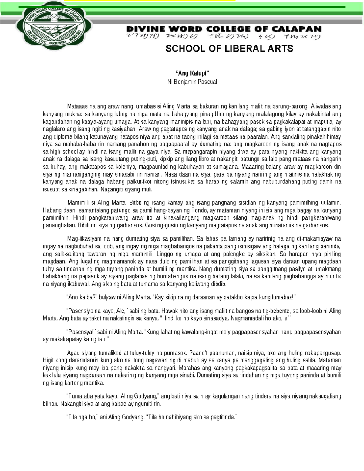 ANG Kalupi: Pagsusuri at Pag-unawa sa Kwentong Ni Benjamin Pascual ...