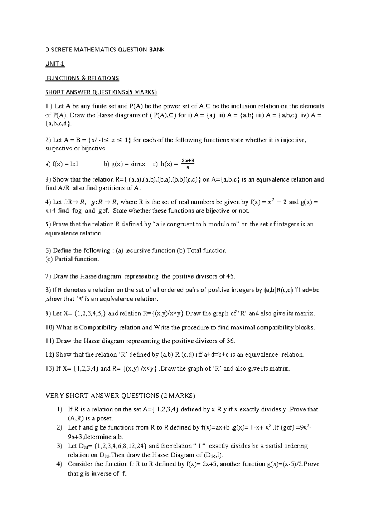 II IIR18 IT DM - Discrete Mathematics Question Bank and Short Answer ...