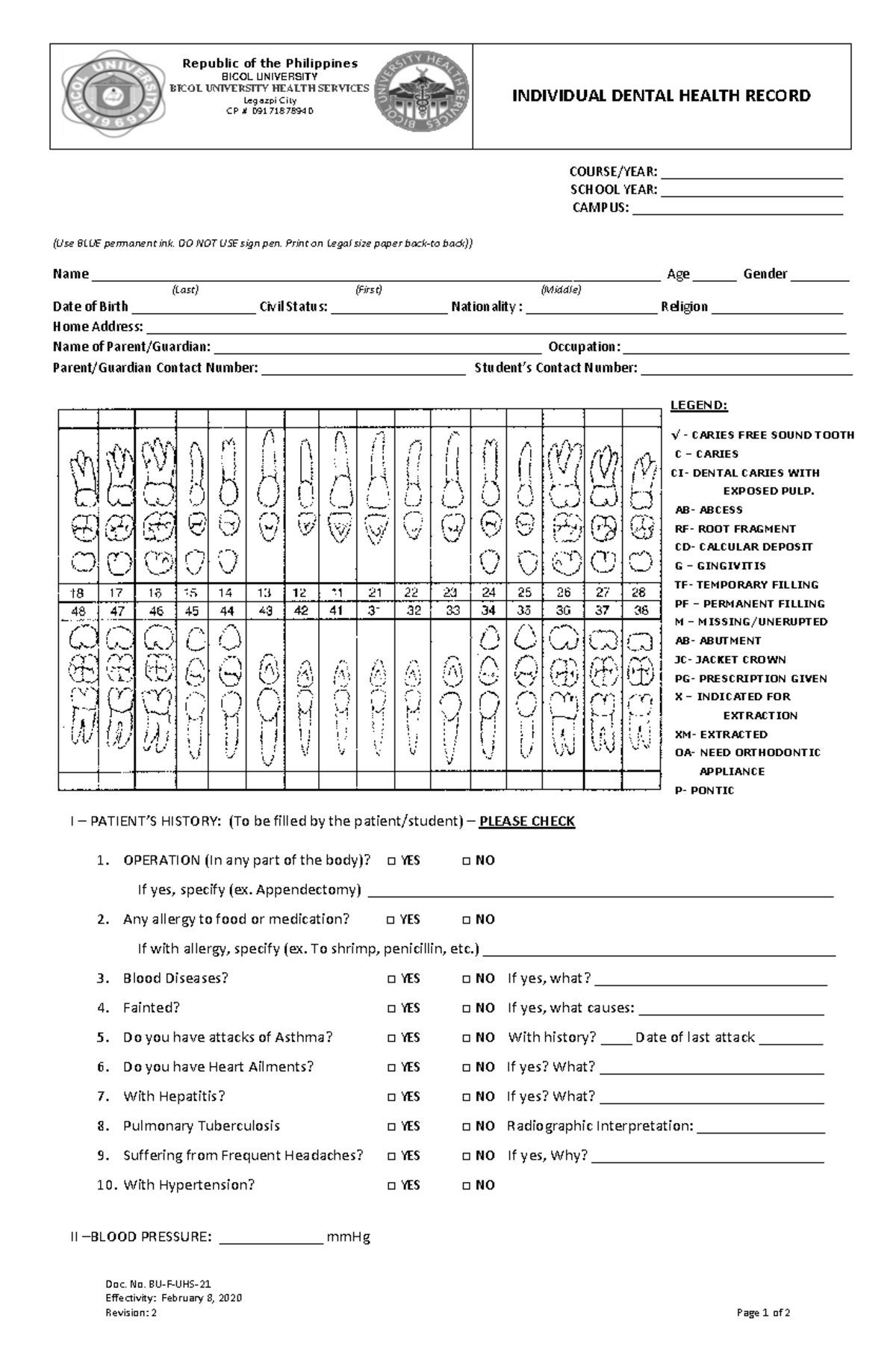 ISO 21 Individual Dental Health Record for Students at Bicol University ...