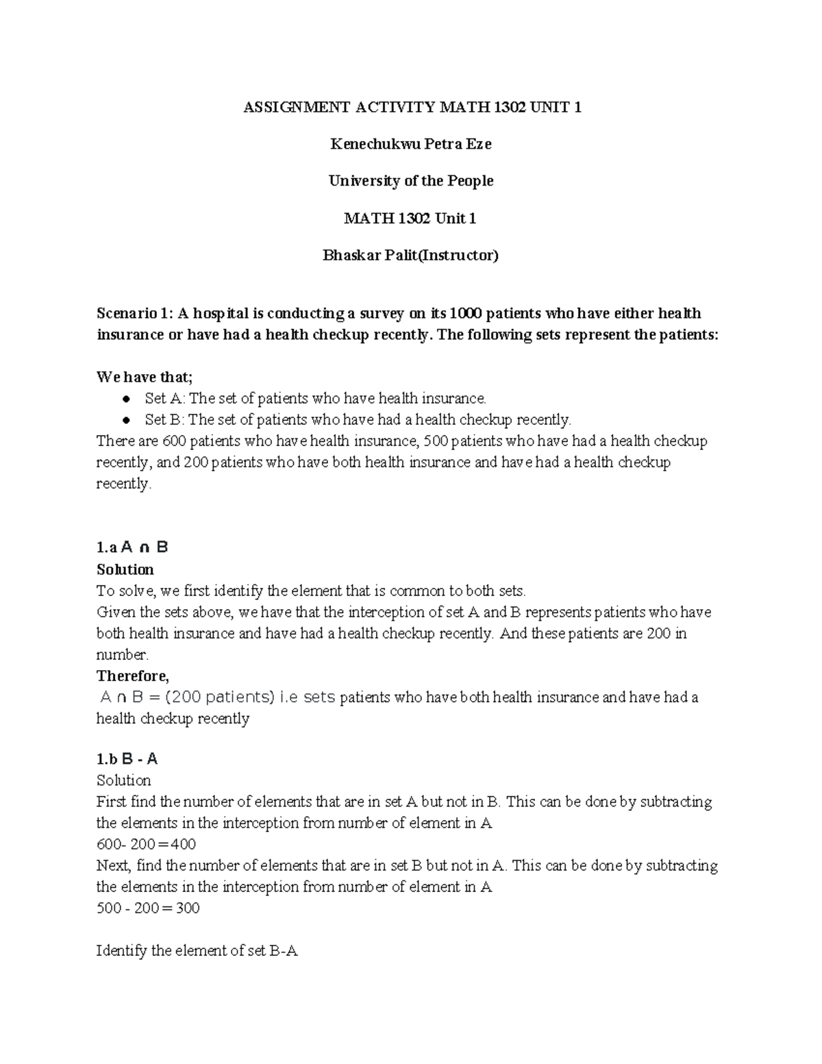MATH 1302 Unit 1 Assignment Activity: Patient Survey Analysis - Studocu