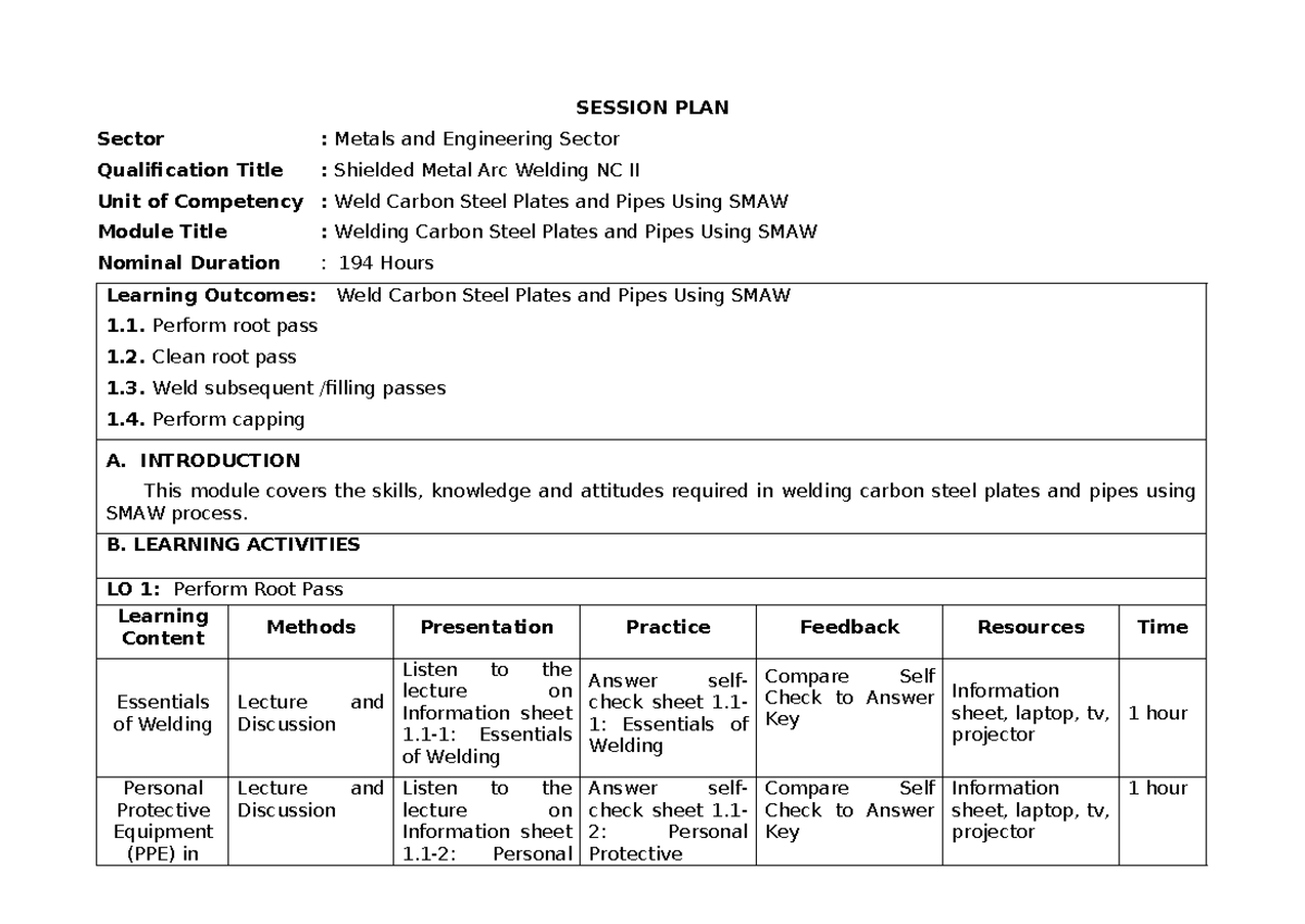 Session Plan for SMAW: Welding Carbon Steel Plates/Pipes NC II - Studocu