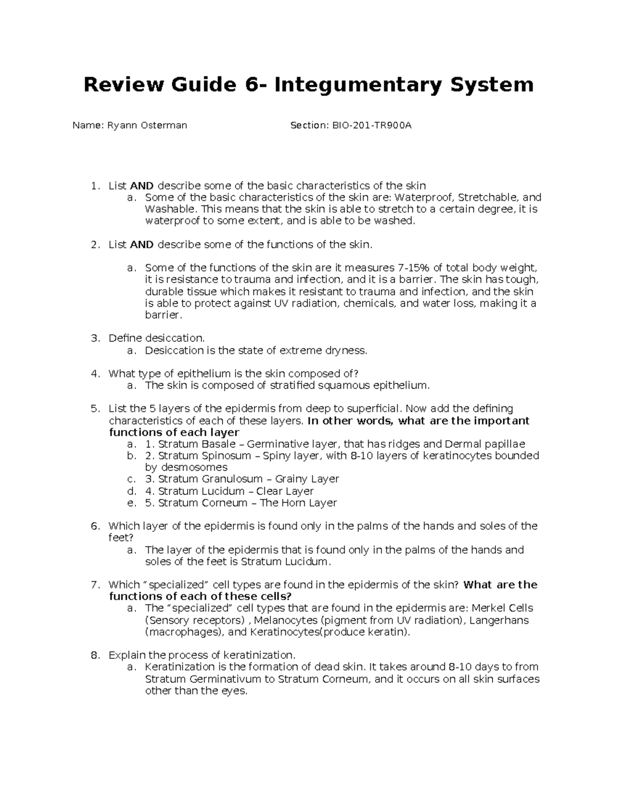 Review Guide 6 Integumentary System - Review Guide 6- Integumentary ...