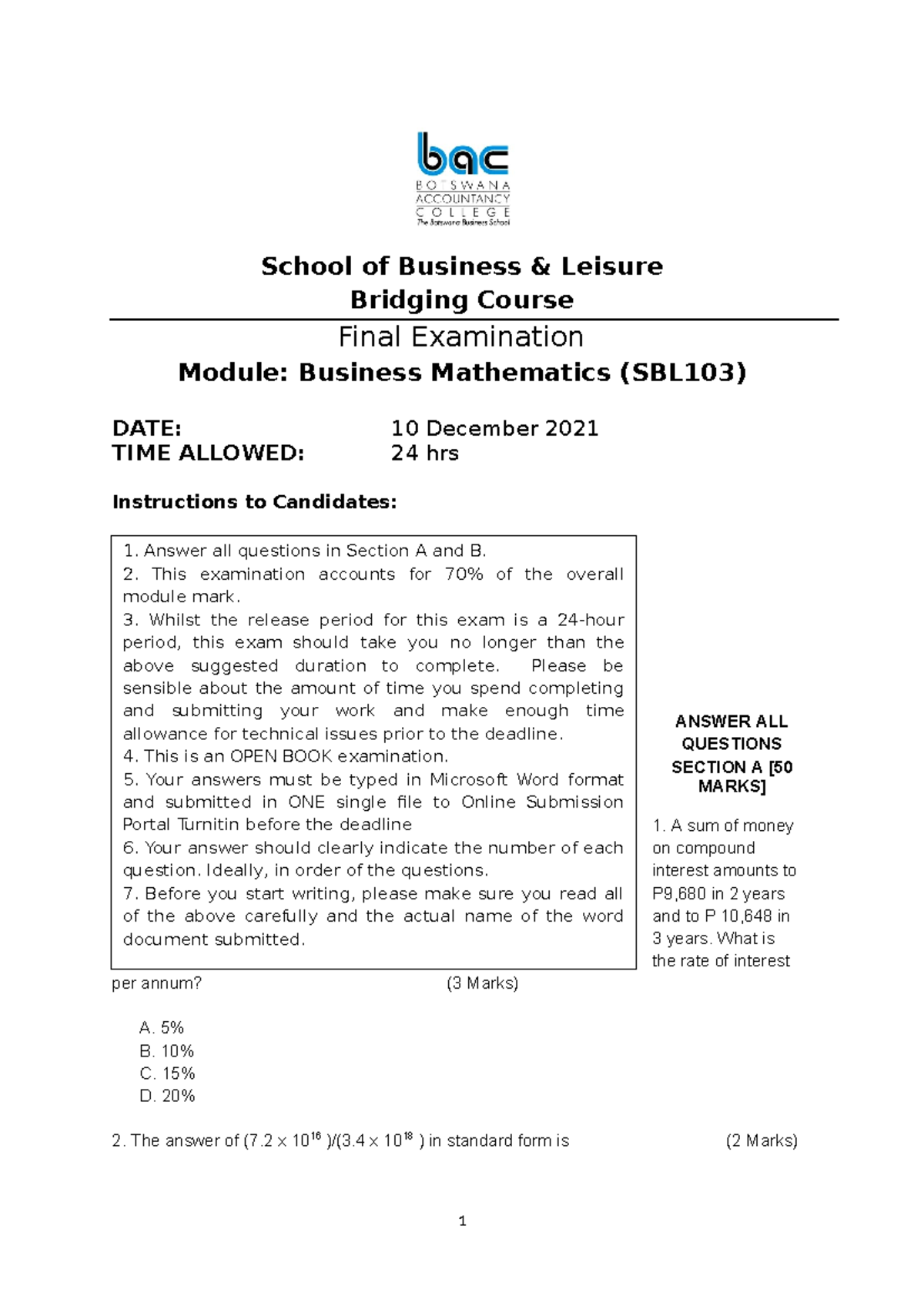 Tutorial 5 - BUSINESS MATHEMATICS - School of Business & Leisure ...