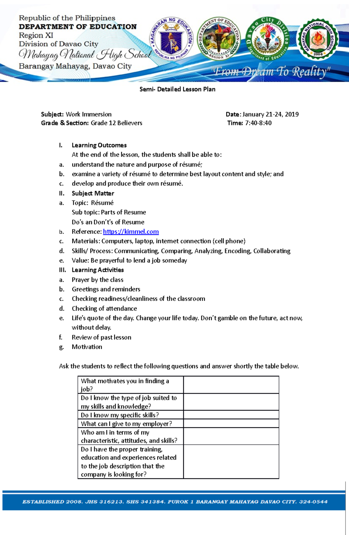 LP COT3 Semi-Detailed Lesson Plan on Résumé Writing - Studocu