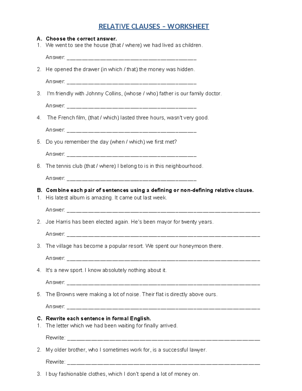 Relative Clauses Worksheet: Exercises and Answers - Studocu