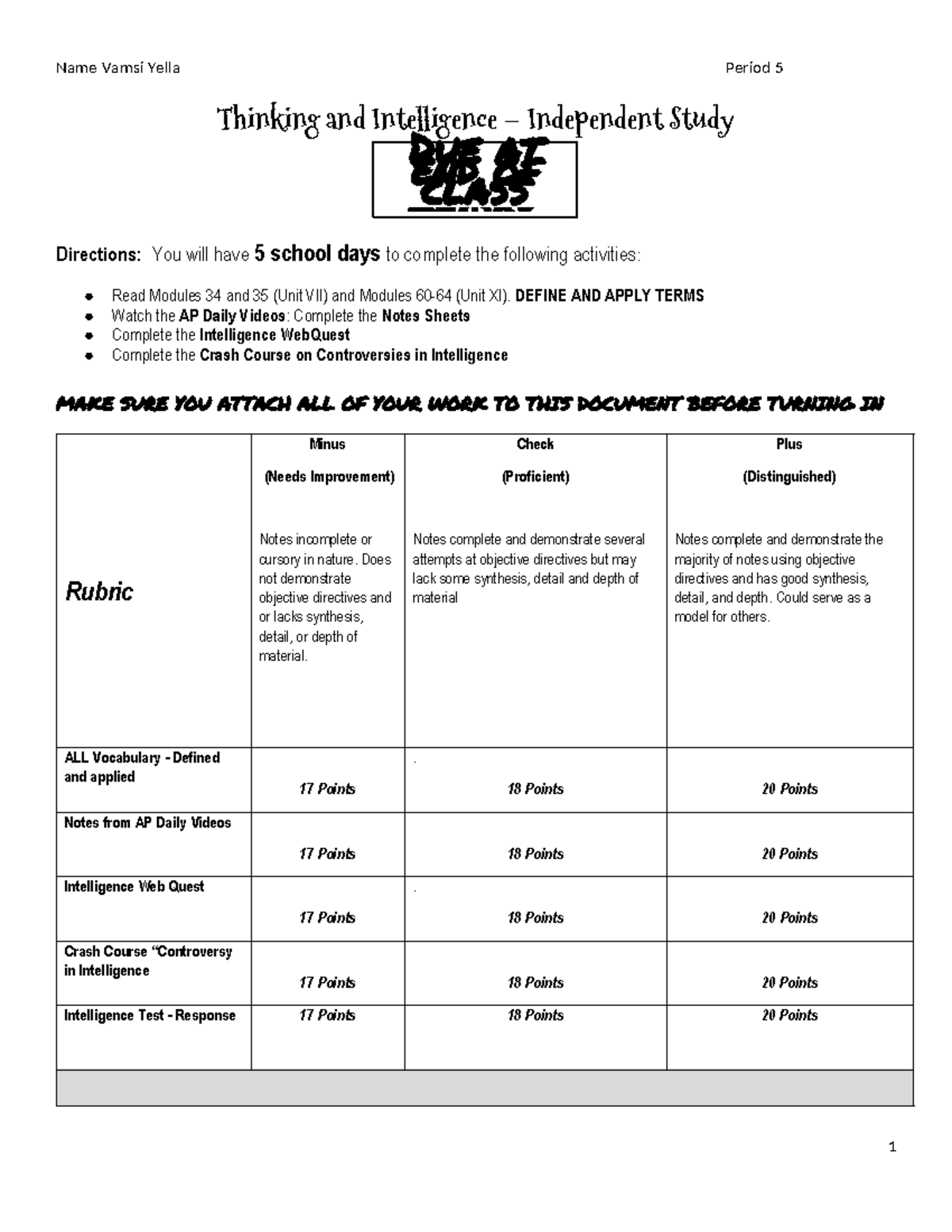 AP Psychology Independent Study on Thinking & Intelligence (Units 2.2 ...