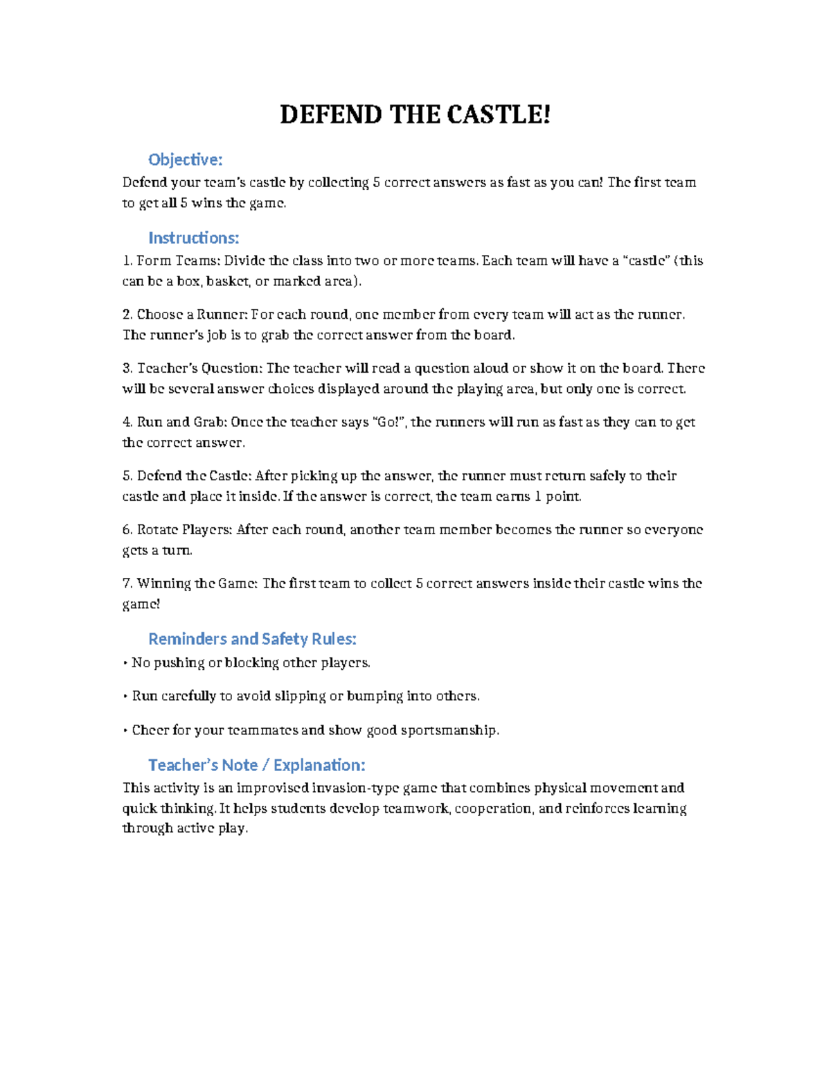 DEFEND THE CASTLE! Invasion Game Instructions & Objectives - Studocu