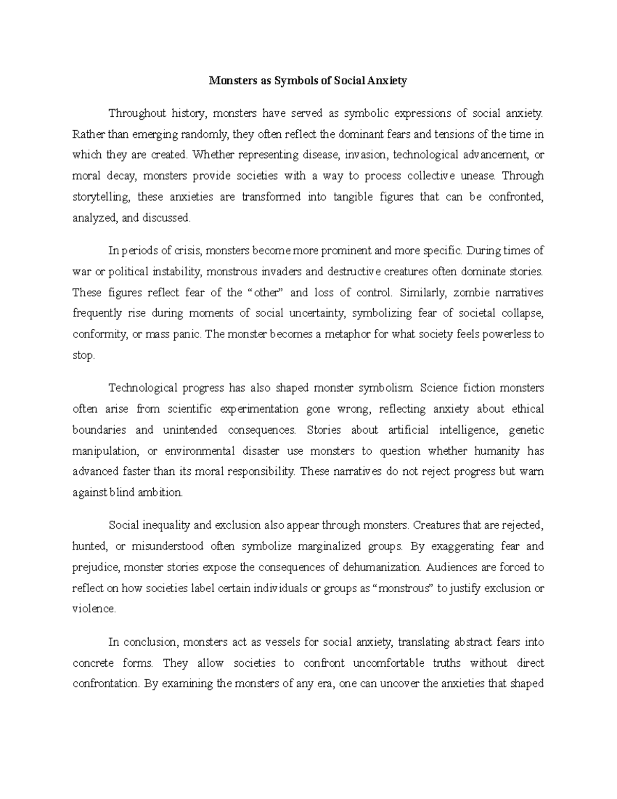 Monsters as Symbols of Social Anxiety: A Historical Analysis - Studocu