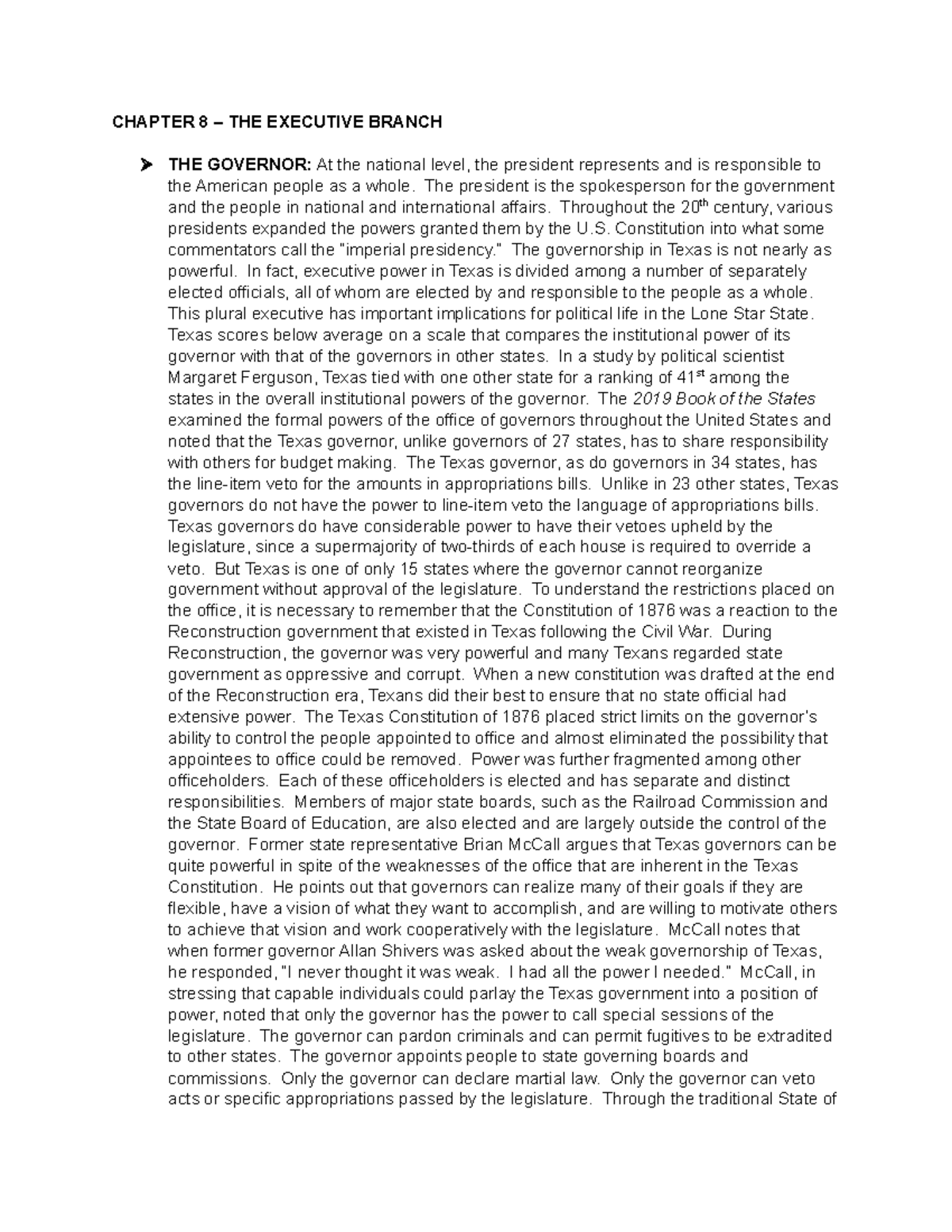 Chapter 8 Notes: Understanding the Texas Executive Branch Dynamics ...