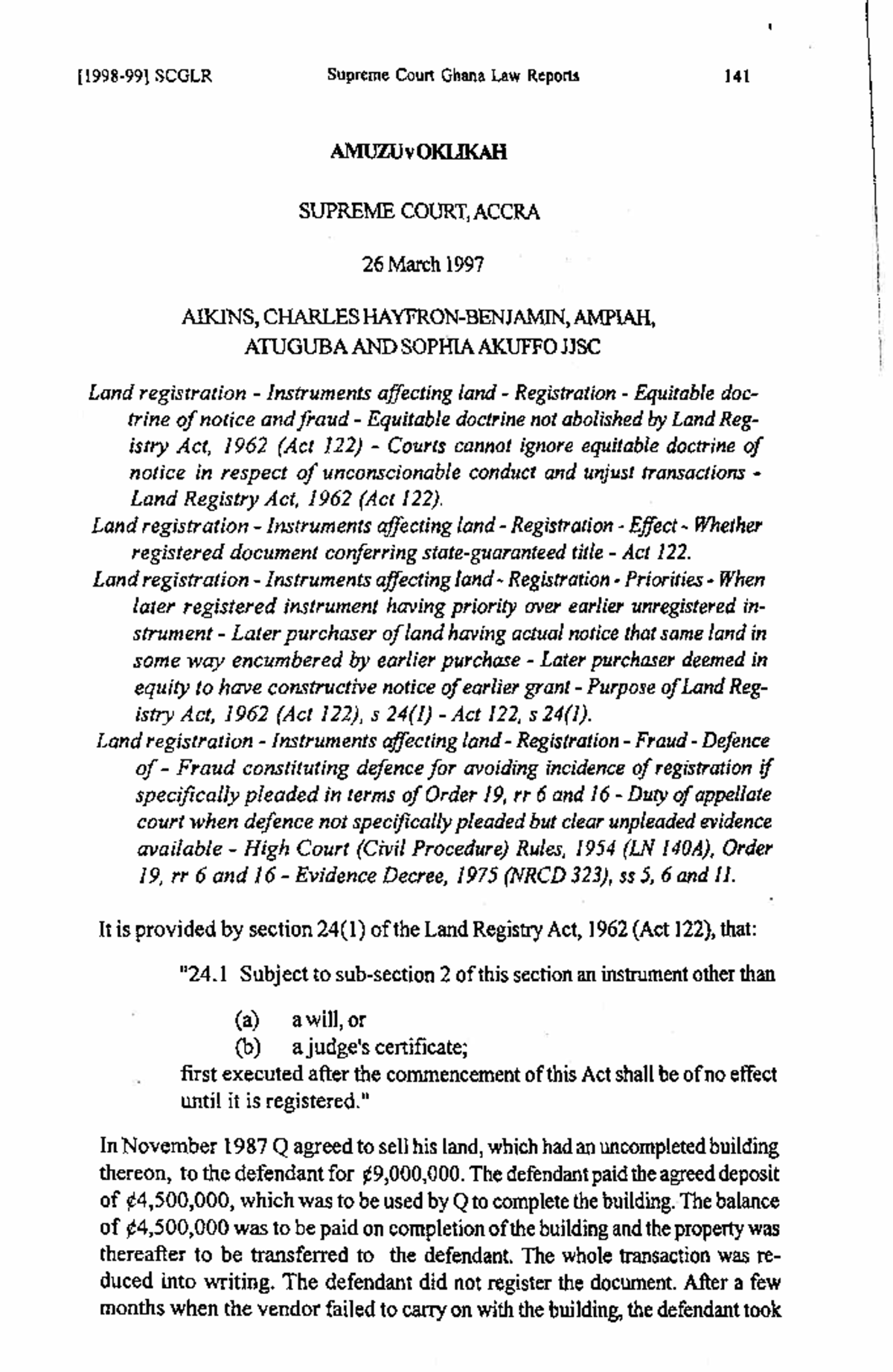 Amuzu v. Okukah: Supreme Court Ruling on Land Registration (1997) - Studocu