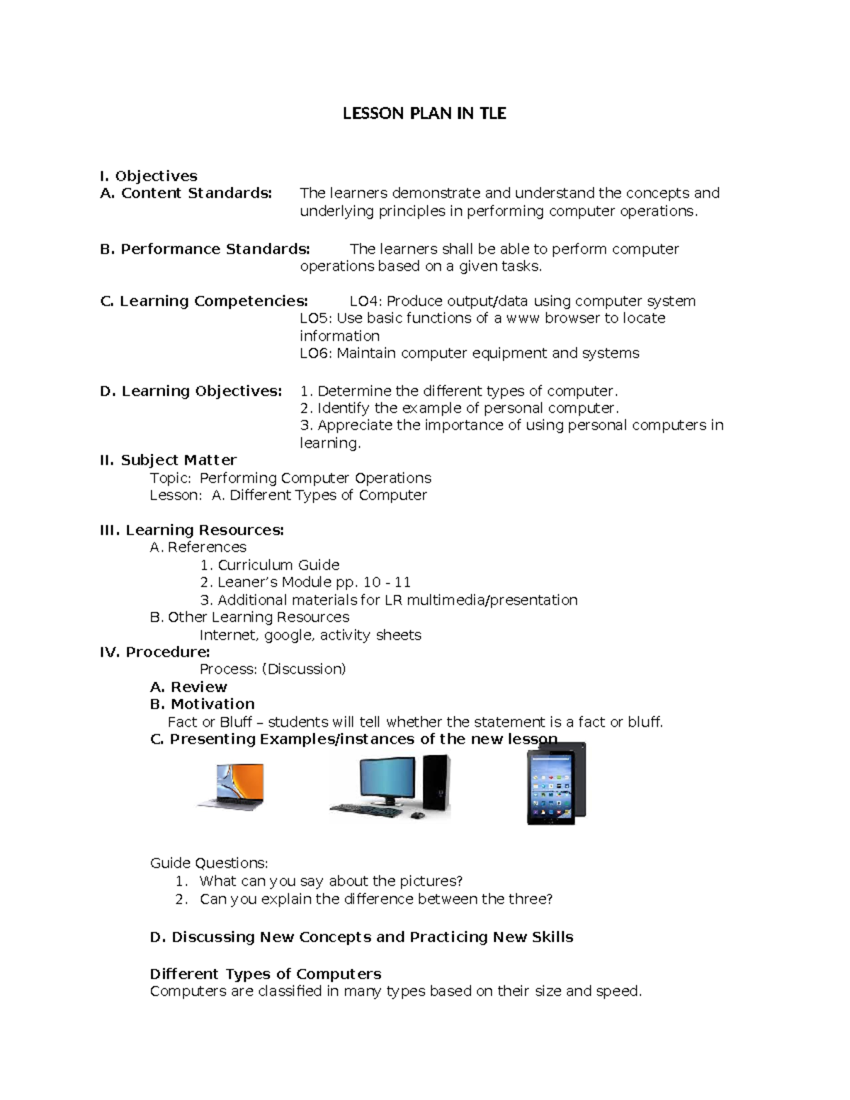 TLE I Lesson Plan: Understanding Computer Operations and Types - Studocu