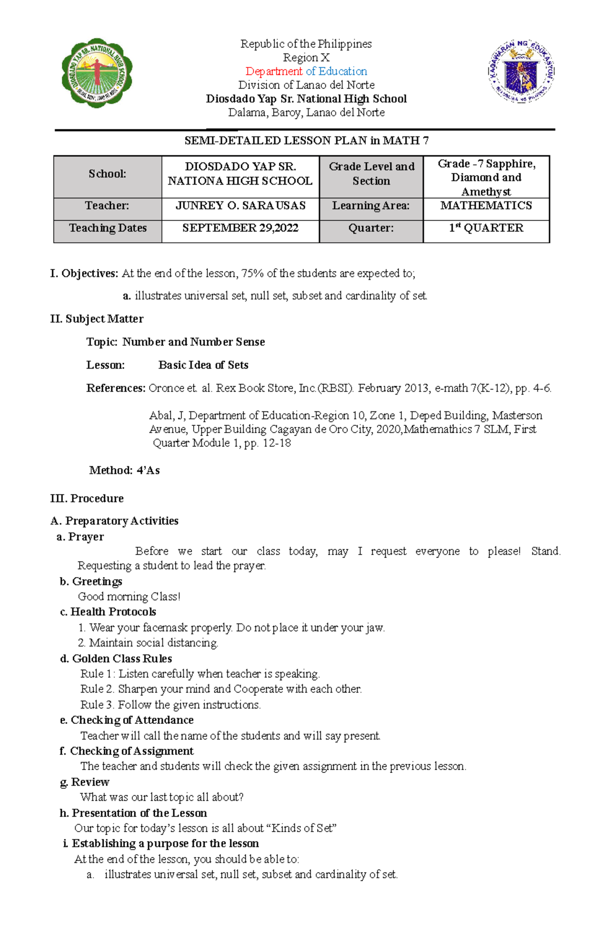 Math 7 Lesson Plan: Understanding Kinds of Sets for Grade 7 - Studocu