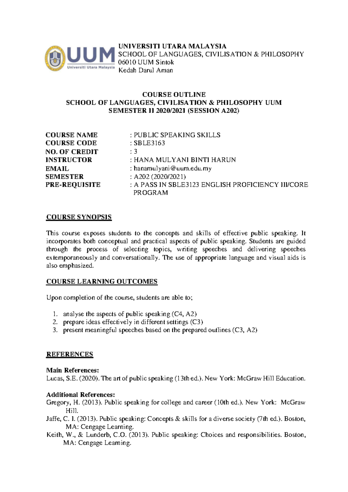 A202 SBLE3163 Public Speaking Skills Course Outline - Studocu