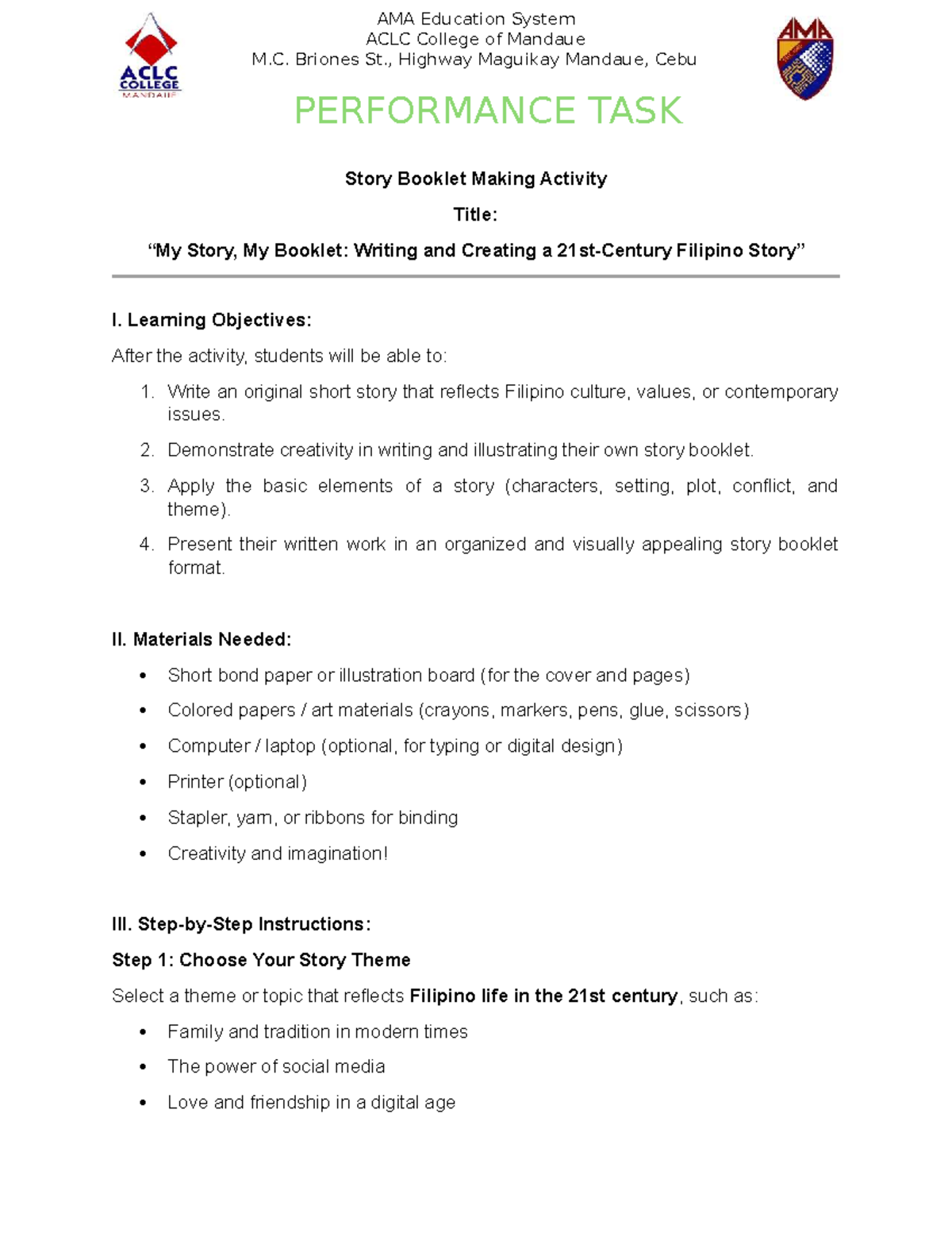 Performance Task: Story Booklet Creation for Filipino Culture - Studocu