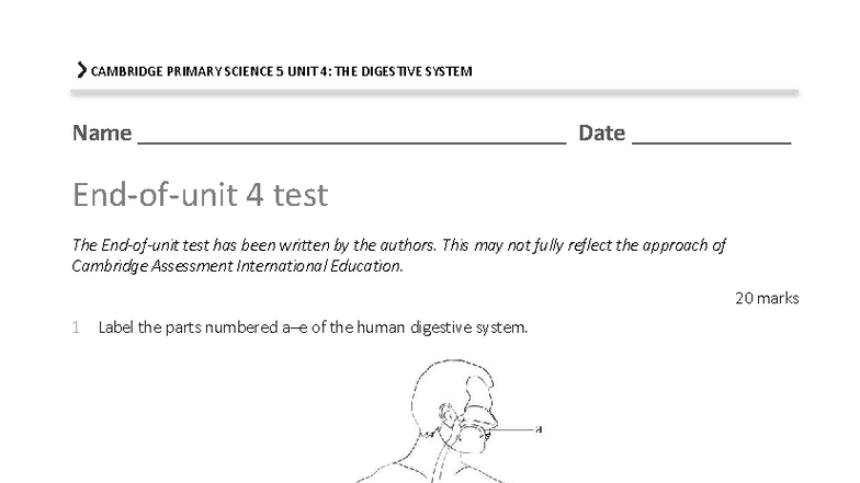 CAMBRIDGE PRIMARY SCIENCE 5 UNIT 4: DIGESTIVE SYSTEM TEST - Studocu