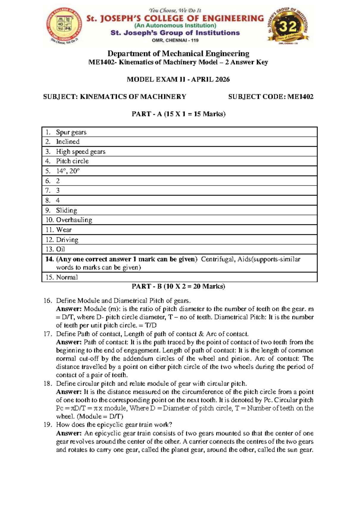 ME1402 - Kinematics of Machinery Model II Exam Answer Key - Studocu