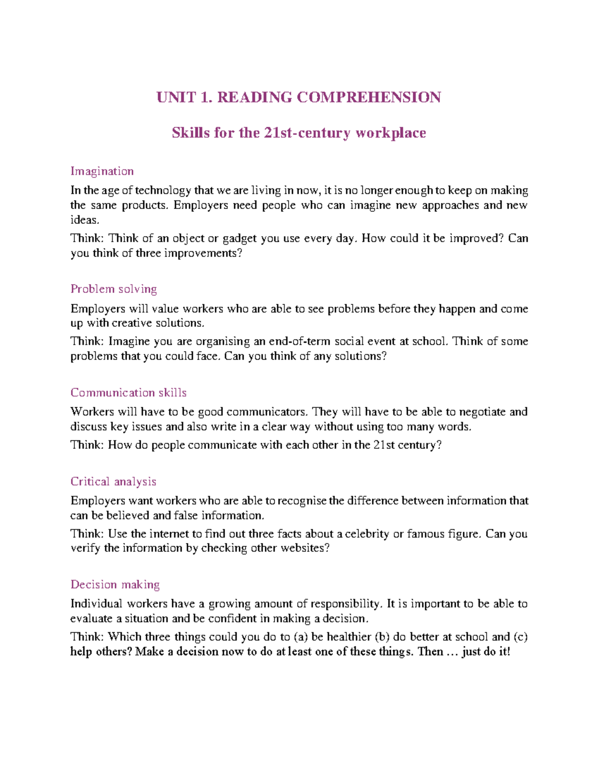 UNIT 1. Reading Comprehension Skills for the Workplace - Studocu