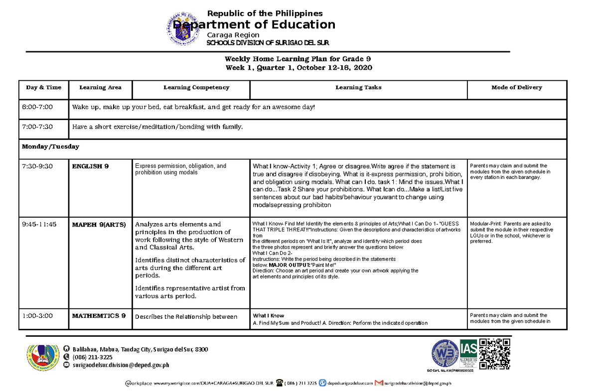 484260322 Weekly Home Learning Plan Grade 9 2 docx - Department of ...