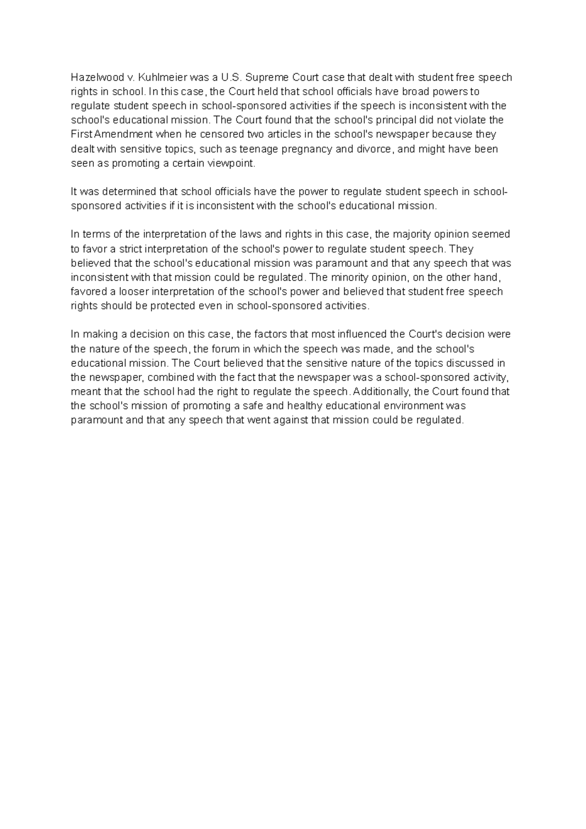 Case Study: Hazelwood v. Kuhlmeier and Student Free Speech Rights - Studocu