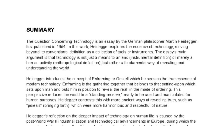 PHIL 101: Summary of Heidegger's "The Question Concerning Technology ...