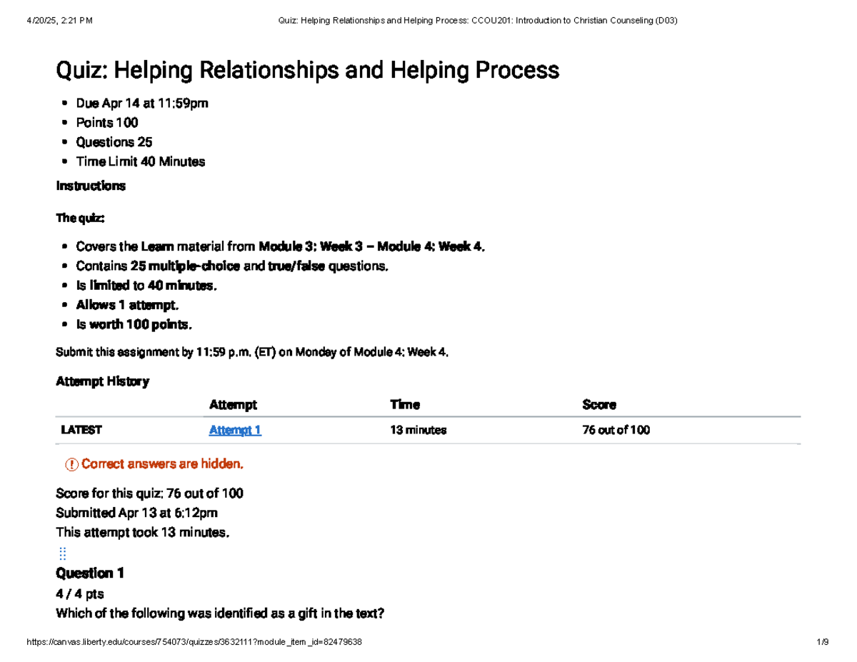 Quiz on Helping Relationships & Process: CCOU201 Christian Counseling ...