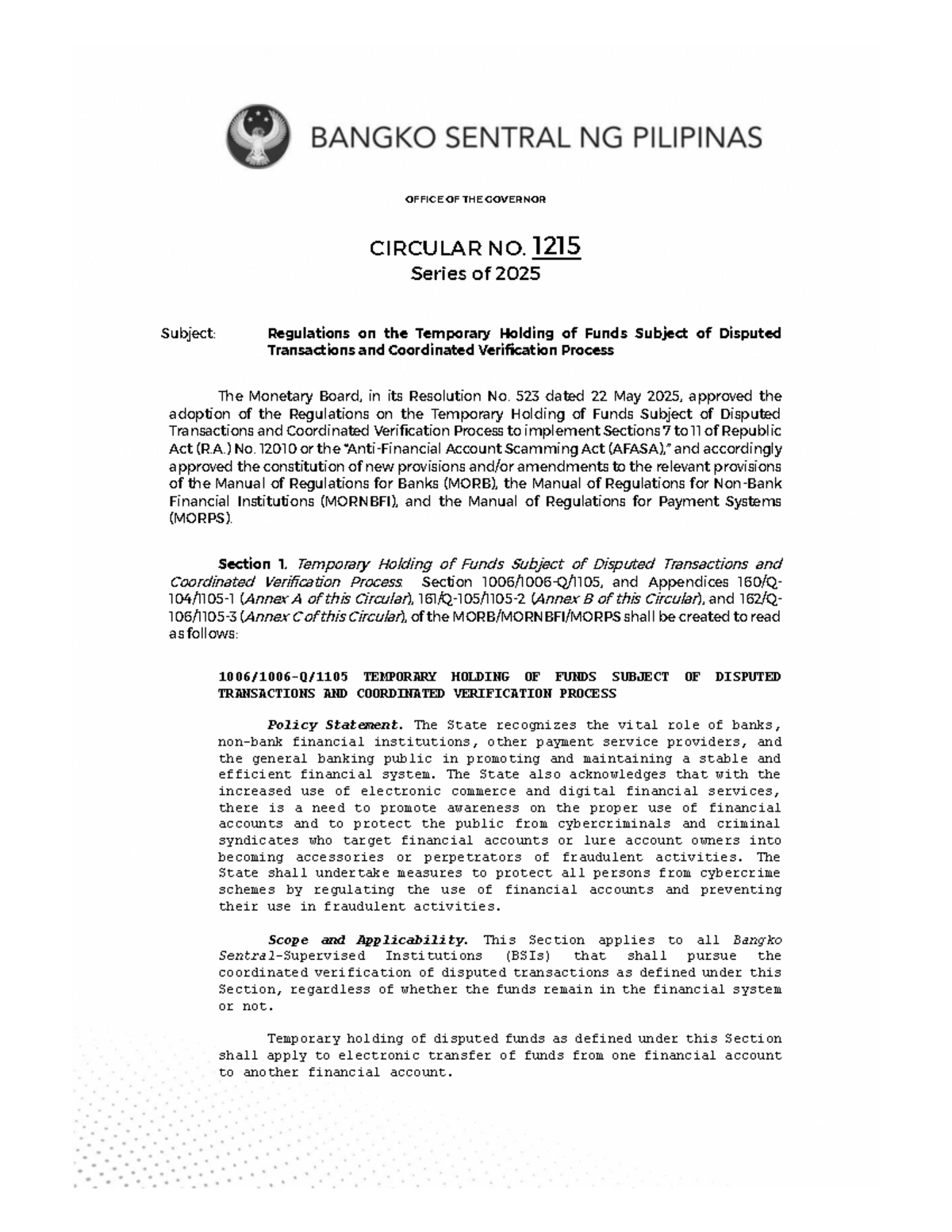 Revised BSP Circular No. 1215: Regulations on Temporary Fund Holding ...