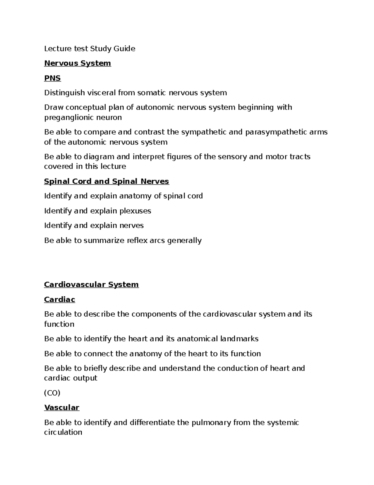 Lecture Test Study Guide: Nervous & Cardiovascular Systems - Studocu