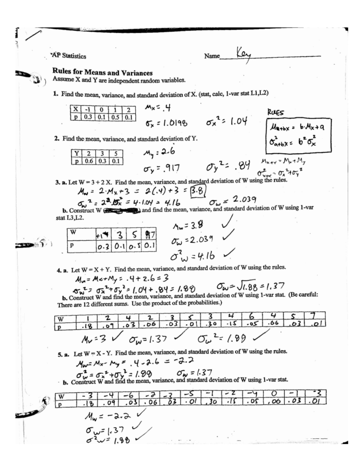 Stats Medic - AP Stats - Rules for Means and Variances - Answer Key ...