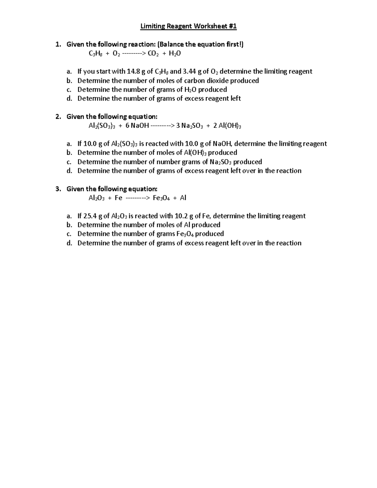 Limiting Reagent Worksheet 1: Stoichiometry Problems and Solutions ...