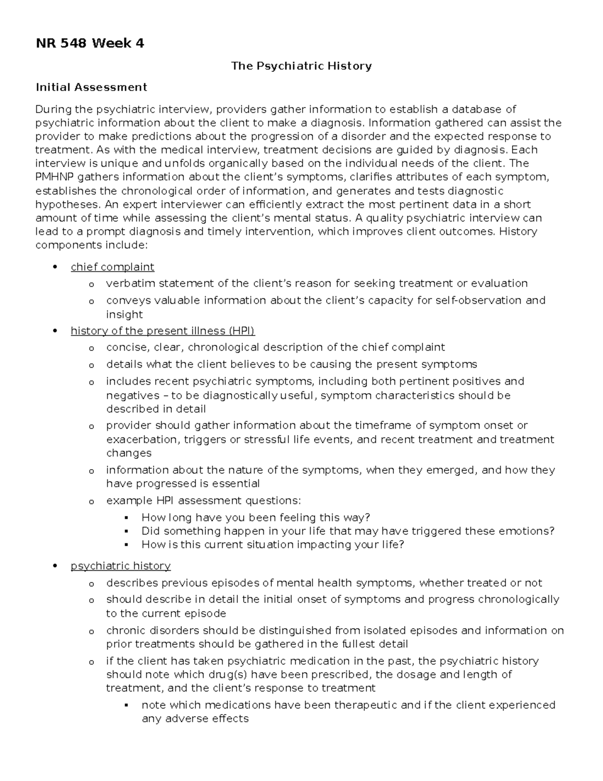 NR 548 Wk 4 Psychiatric History & Initial Assessment Notes - Studocu