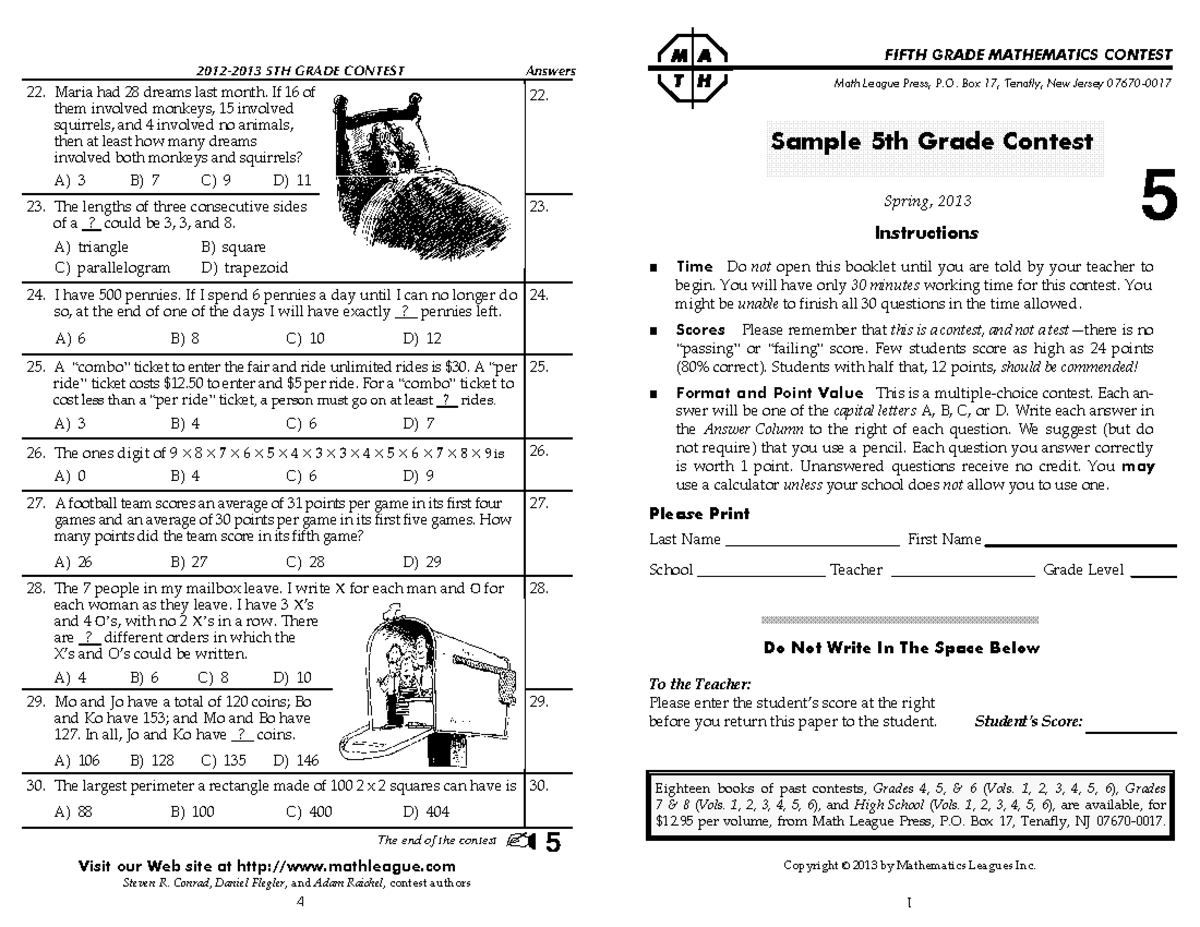 5th Grade Math Contest 2012-2013 Sample Questions and Answers - Studocu