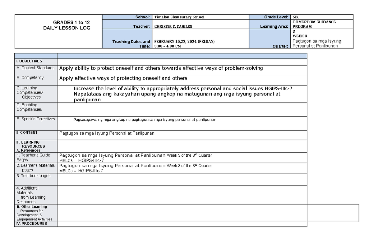 DLL HGP Grade 6 Quarter 3 Lesson Plan on Personal & Social Issues - Studocu