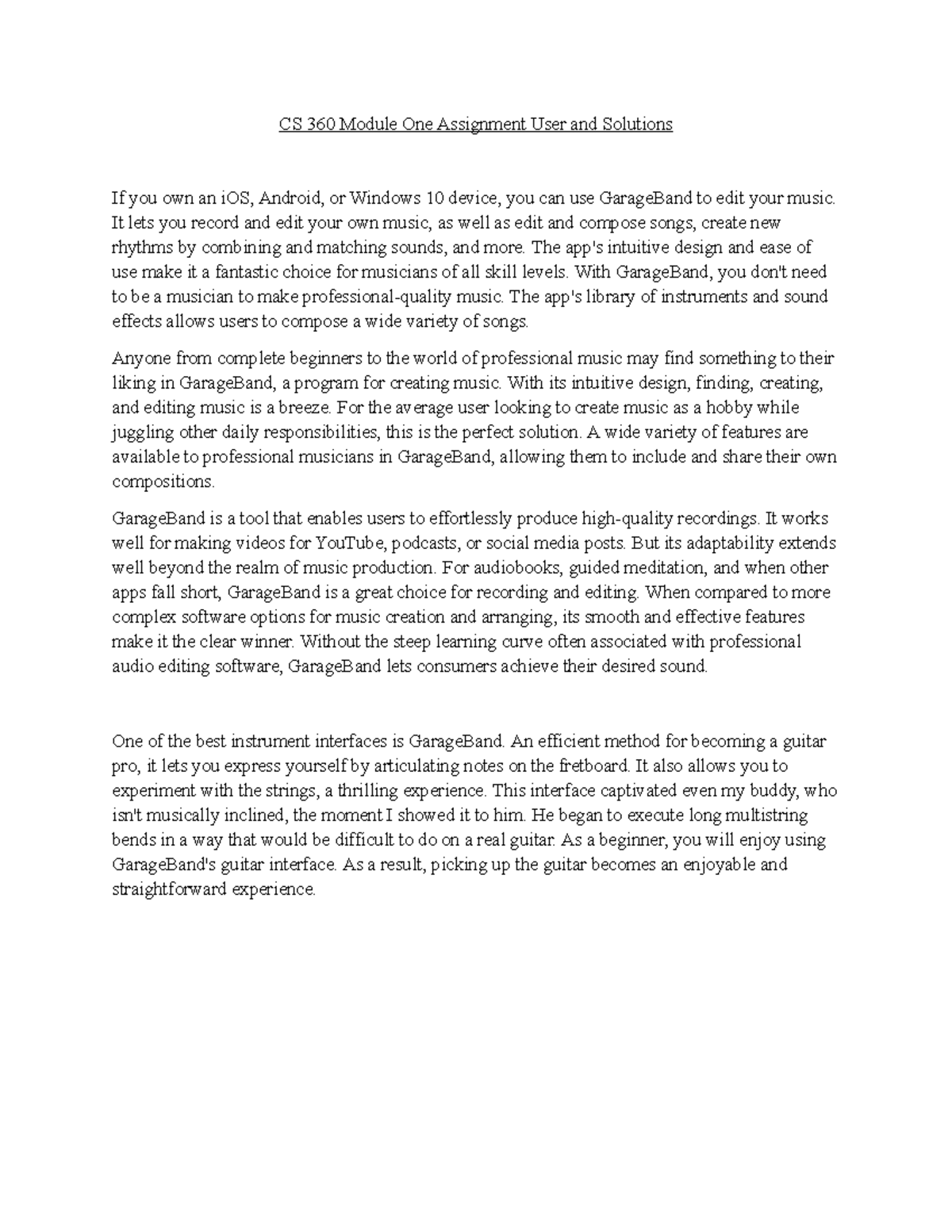 CS 360 Module 01 Homework: GarageBand User Guide and Solutions - Studocu