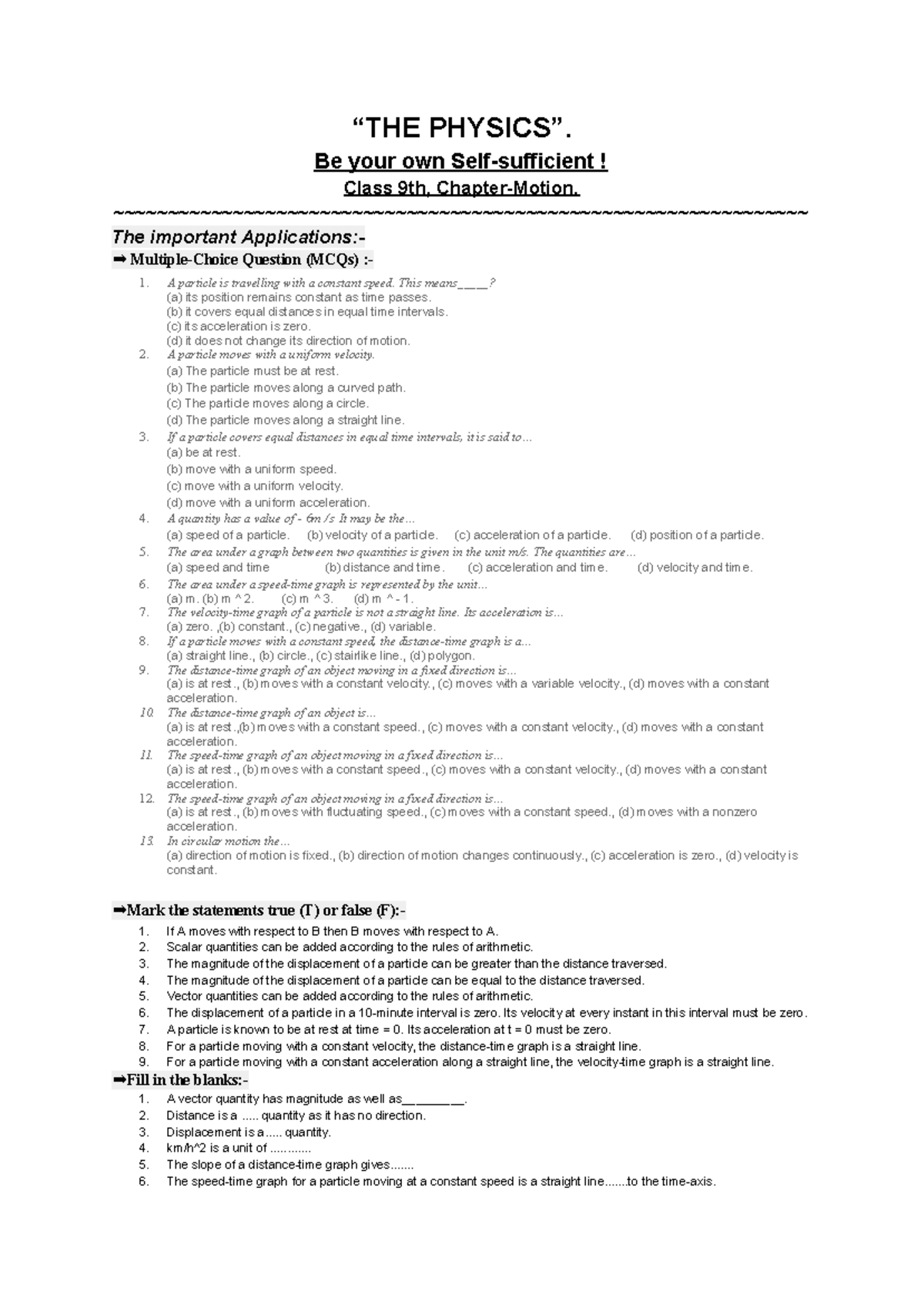 Class 9th physics important MCQs on motion and graphs - Studocu