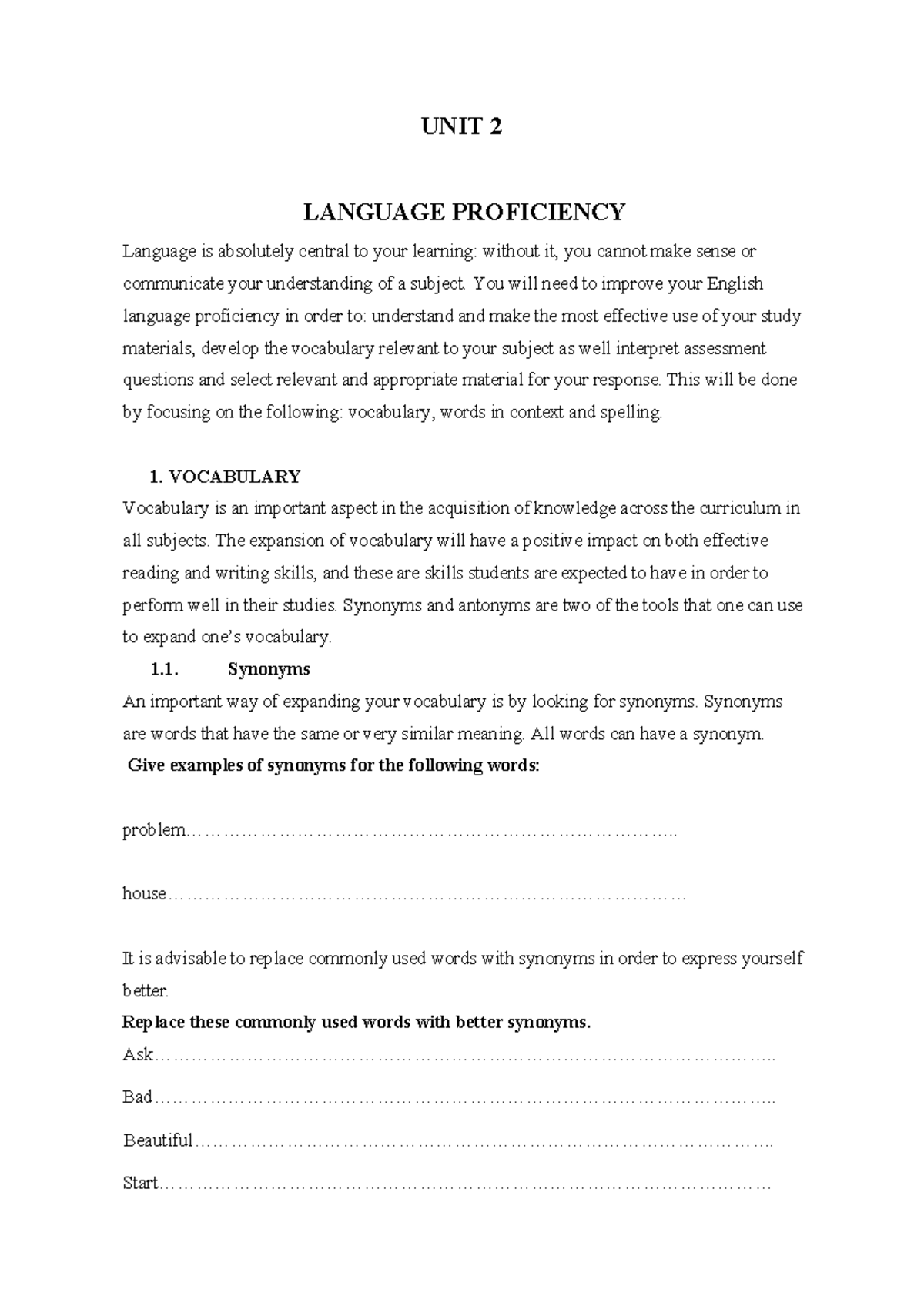 Unit 2: Language Proficiency - Vocabulary and Context - Studocu