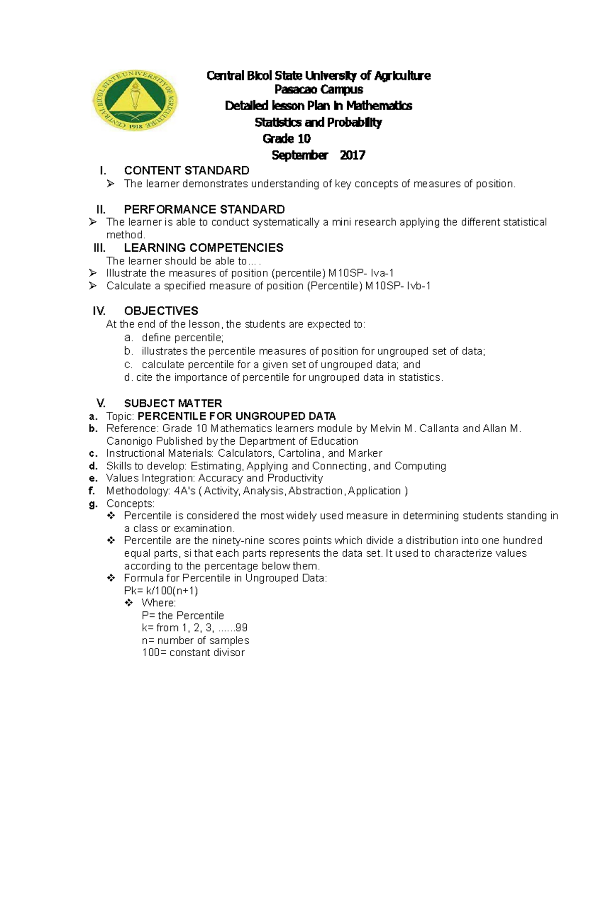 Grade 10 Statistics Lesson Plan: Percentile for Ungrouped Data - Studocu