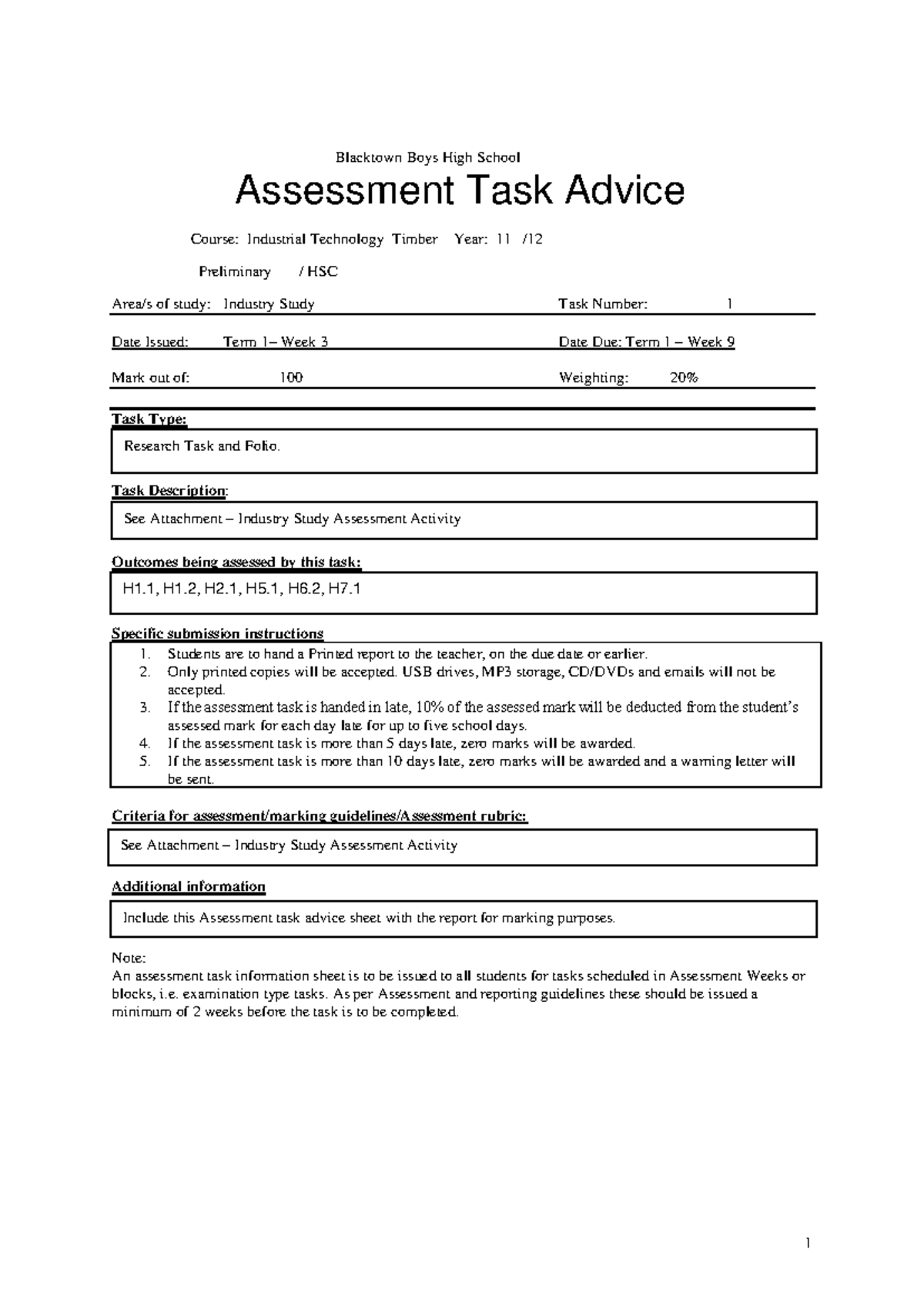 Year 11 Industrial Technology Timber: Industry Study Assessment Guide ...