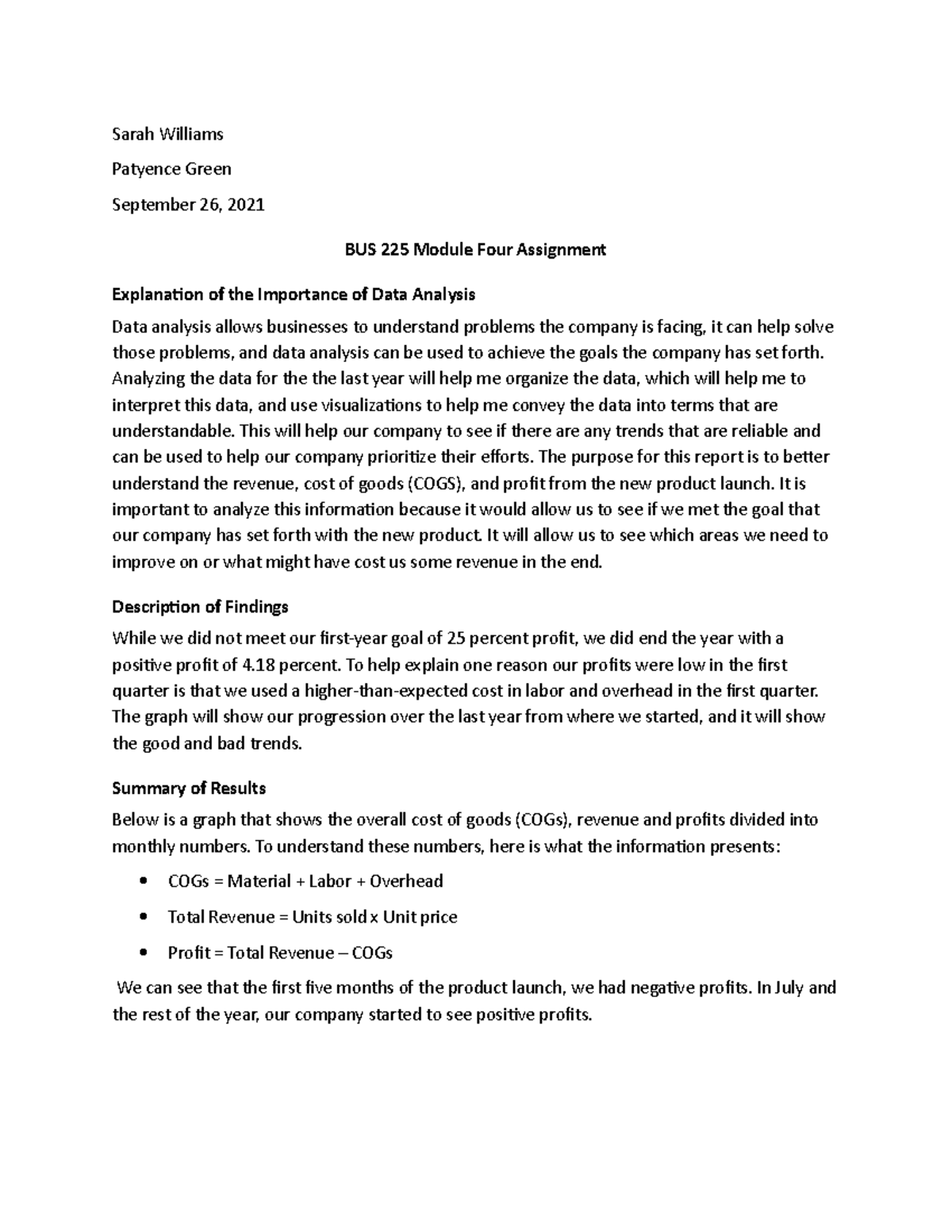 4-1 Assignment: Making Data-Driven Decisions Assignment - Sarah Williams Patyence Green ...