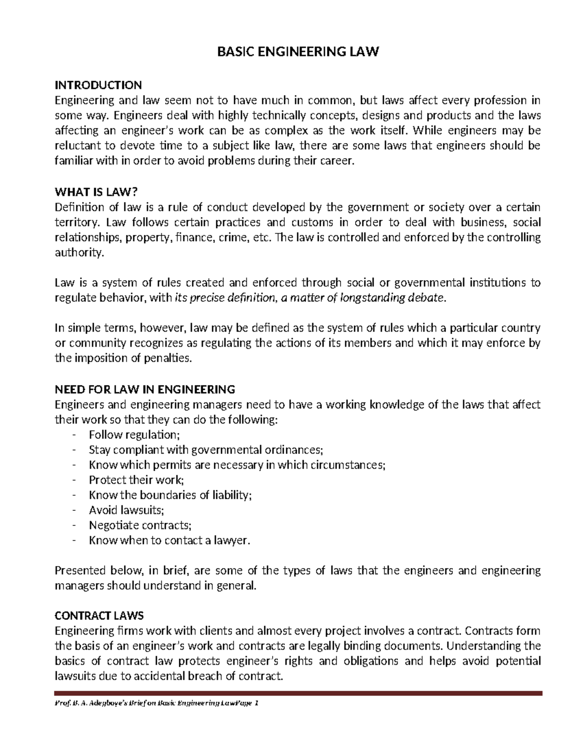 BASIC ENGINEERING LAW (ENG 101): Introduction to Legal Concepts for ...