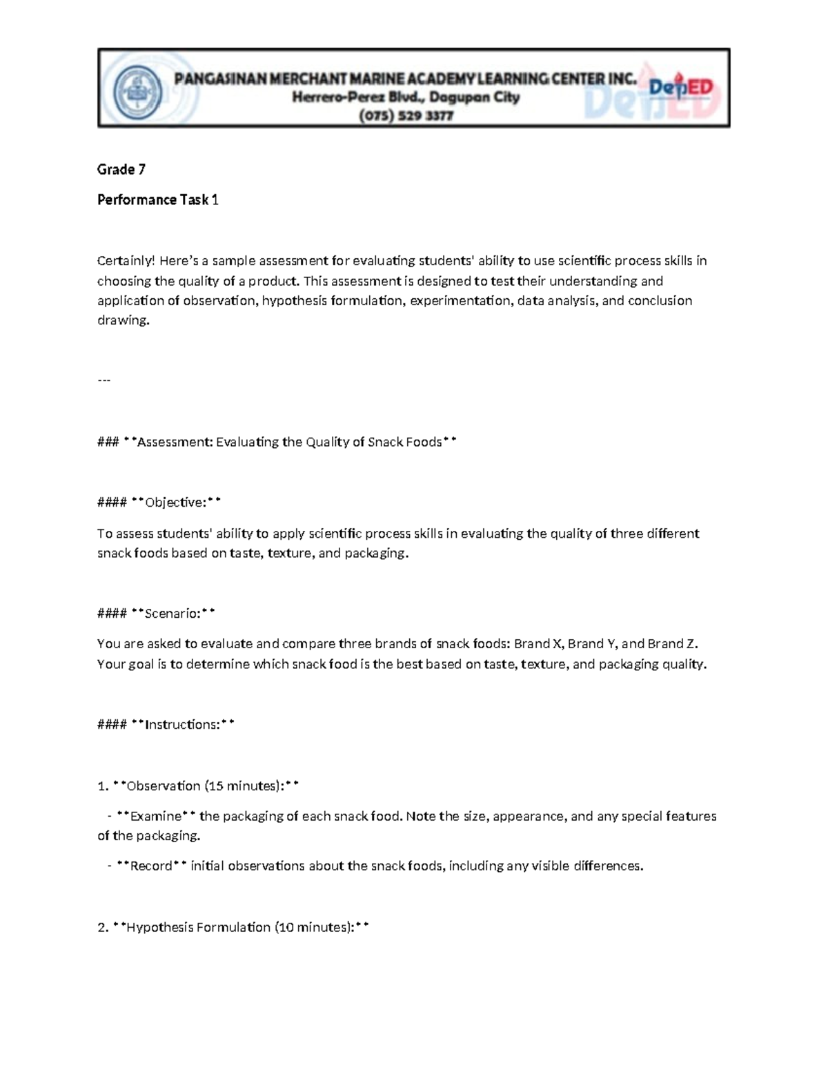 Performance TASK 1 - Grade 7 Performance Task 1 Certainly! Here’s a ...