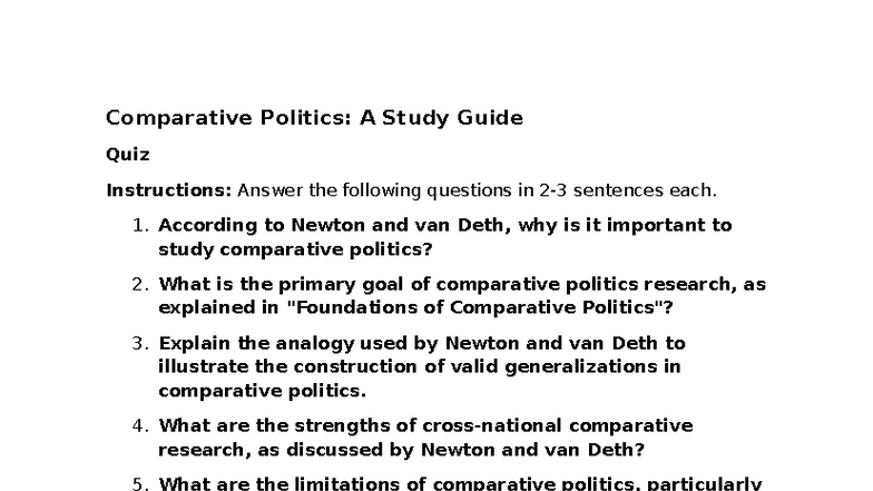 Comparative Politics: A Study Guide for Quiz Preparation - Studocu